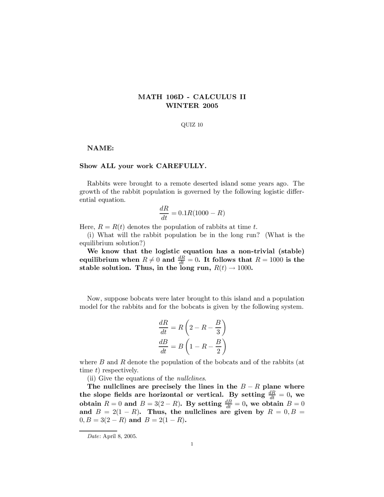 Rabbit Population Calculus Solved Quiz Docsity