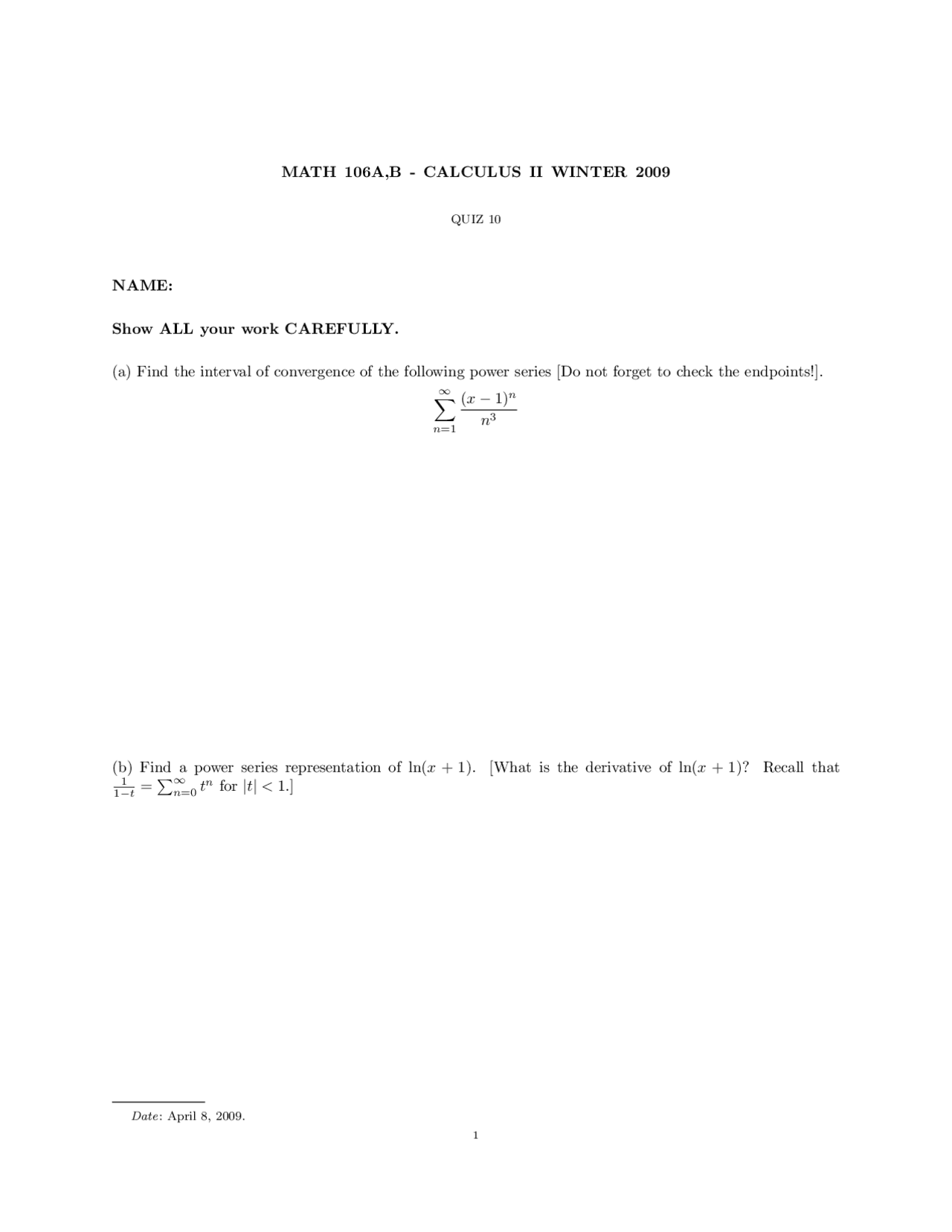 Endpoints Calculus Quiz Docsity
