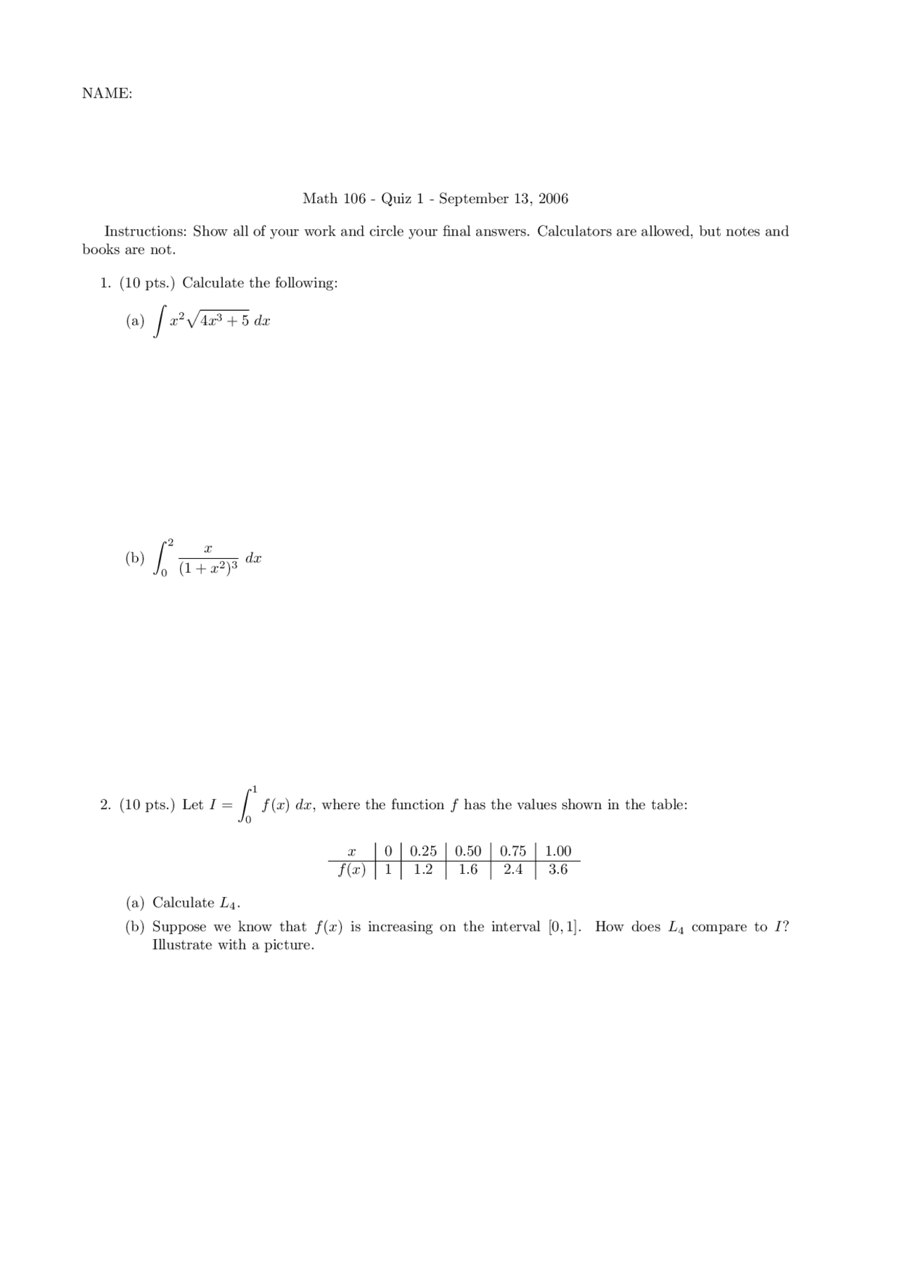 Calculate Calculus Quiz Docsity