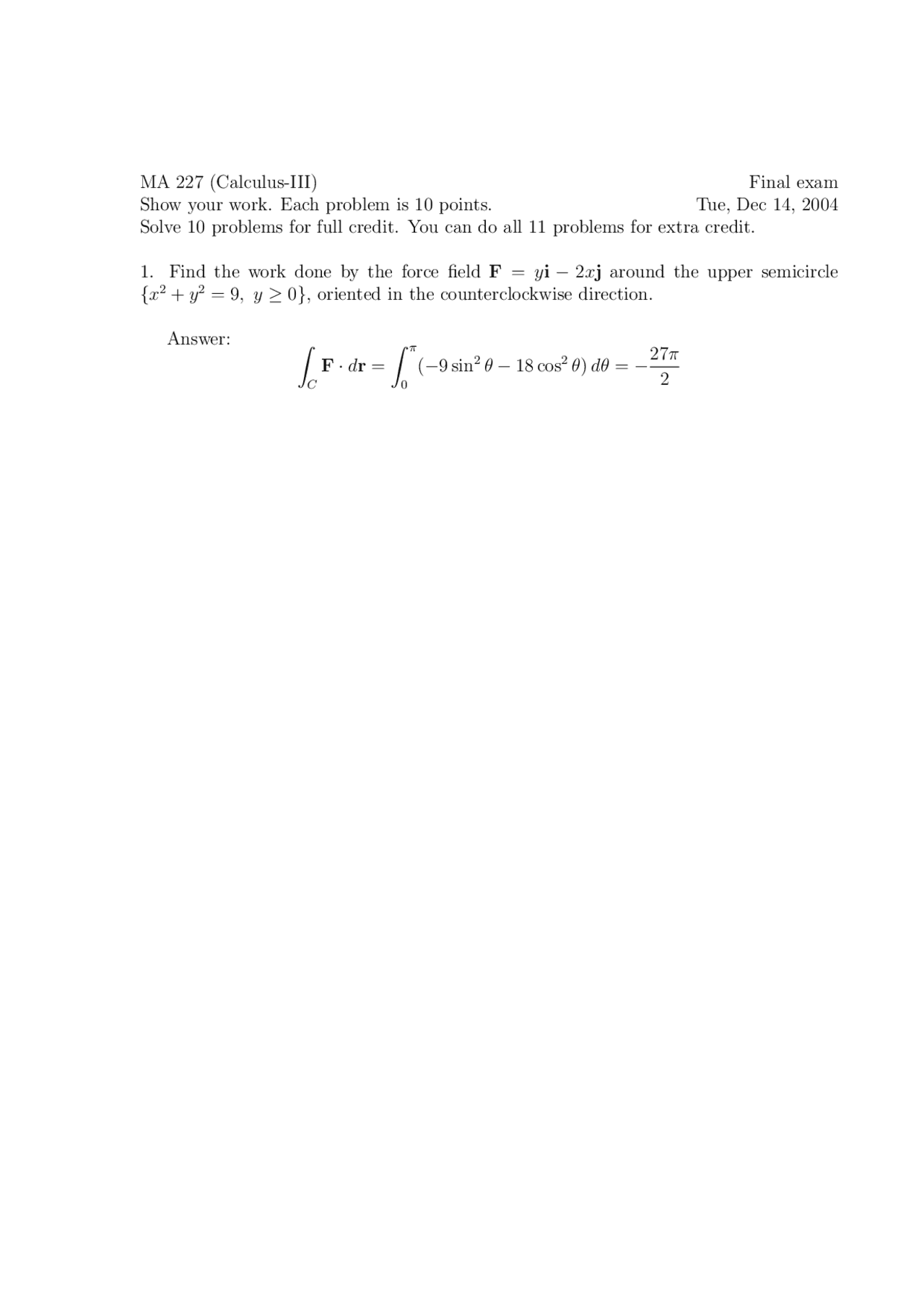 Counterclockwise Direction - Calculus III - Solved Exam - Docsity