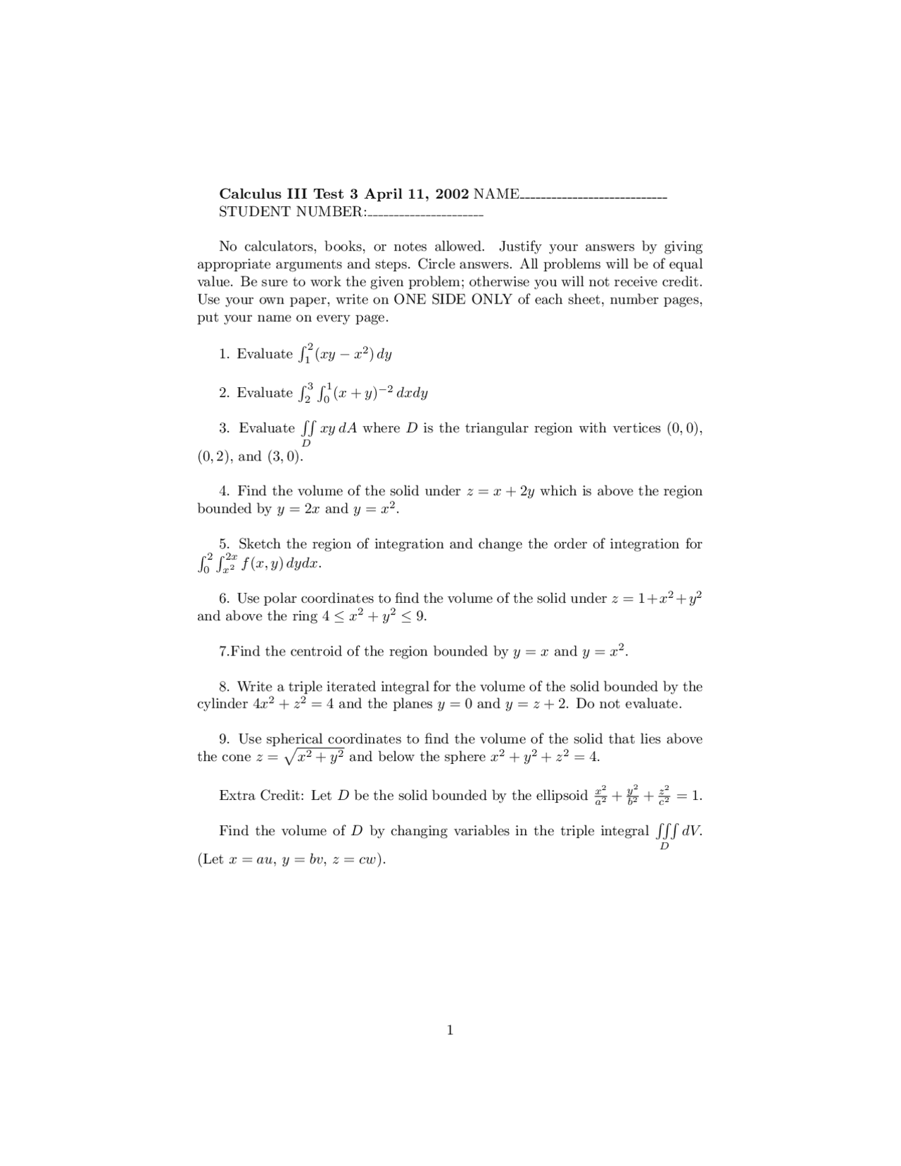 Triple Iterated Integral - Calculus III - Exam - Docsity