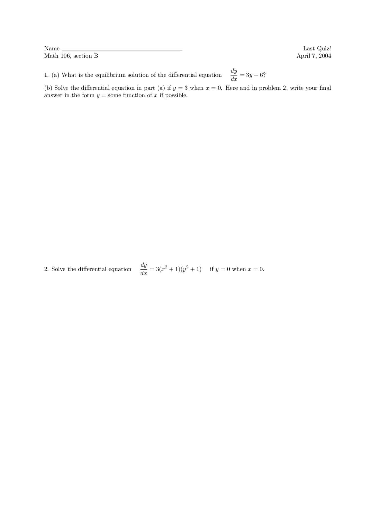 Differential Equation - Calculus - Quiz - Docsity