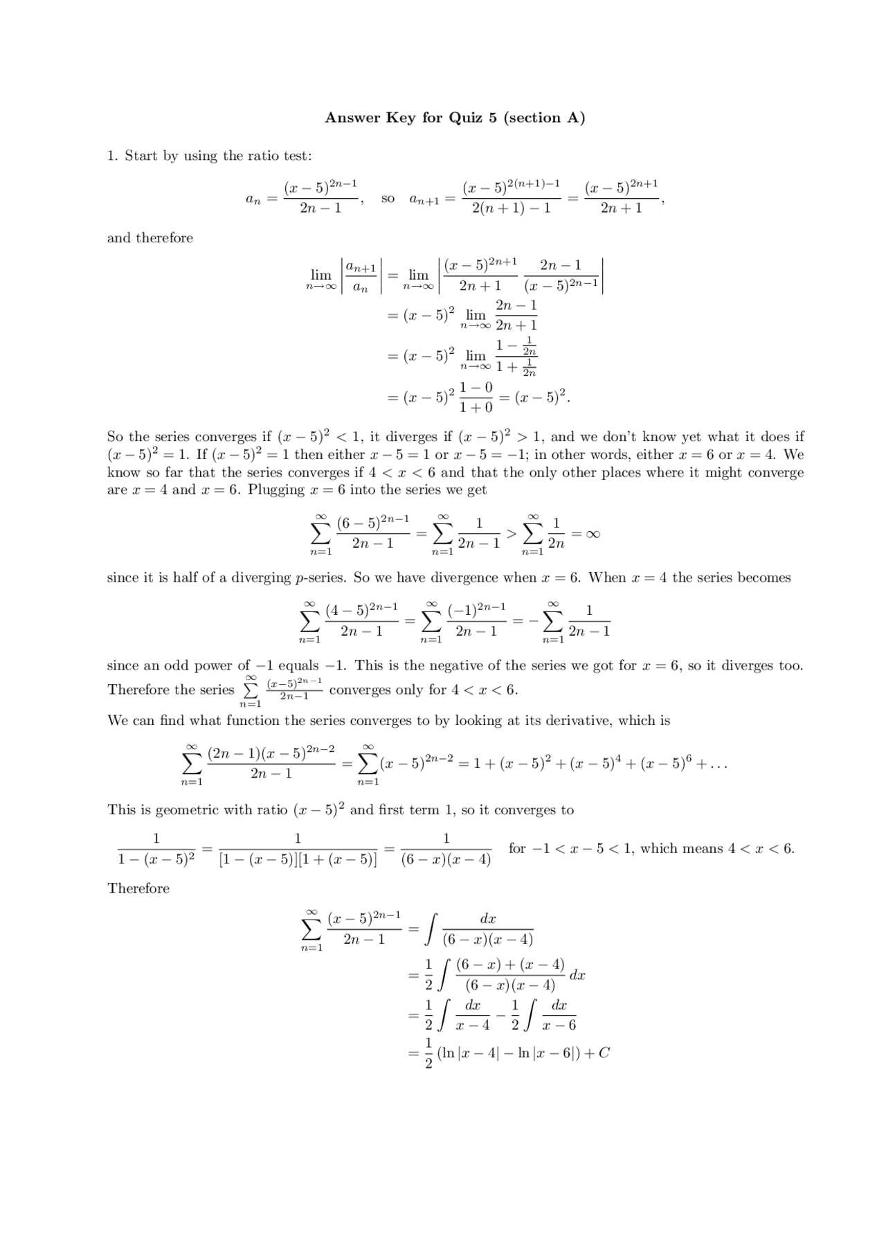 Quiz 5 Solution: Convergence of a Series and Taylor Series Expansion ...
