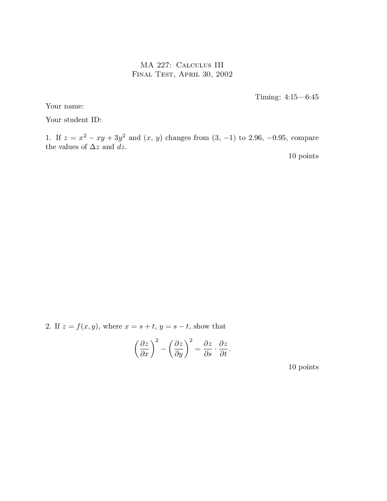 Subject To Constraints Calculus Iii Exam Docsity