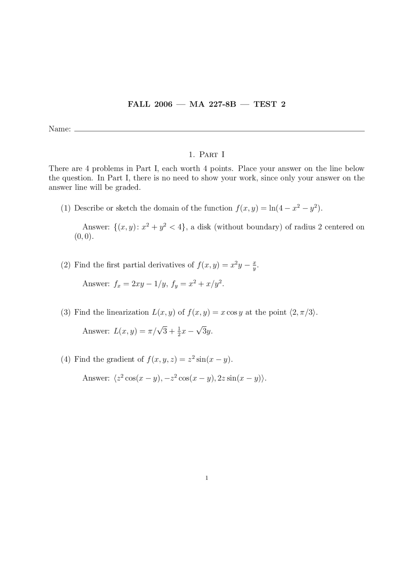 Domain of Function - Calculus III - Solved Exam - Docsity