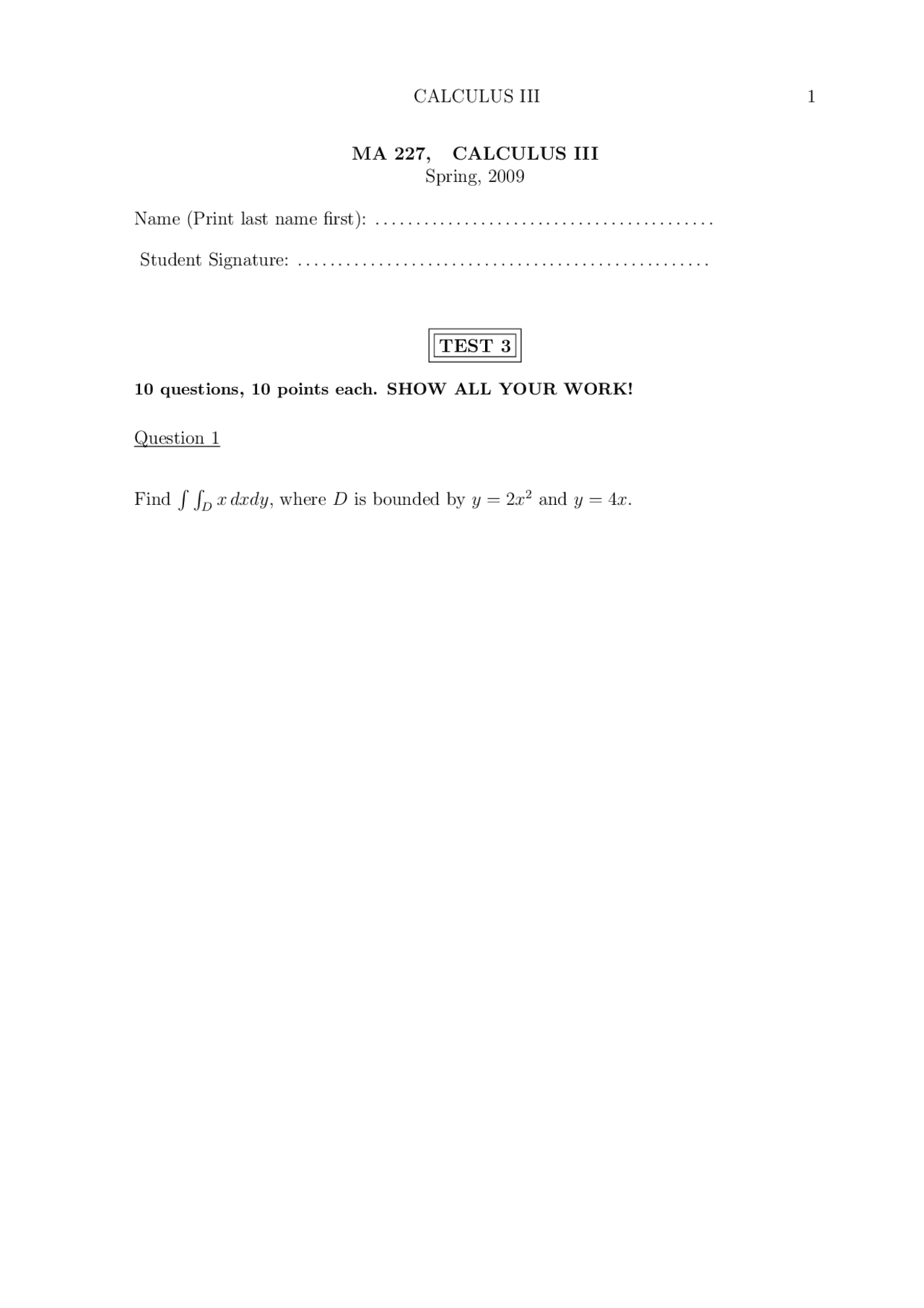 Density Function Calculus Iii Exam Docsity