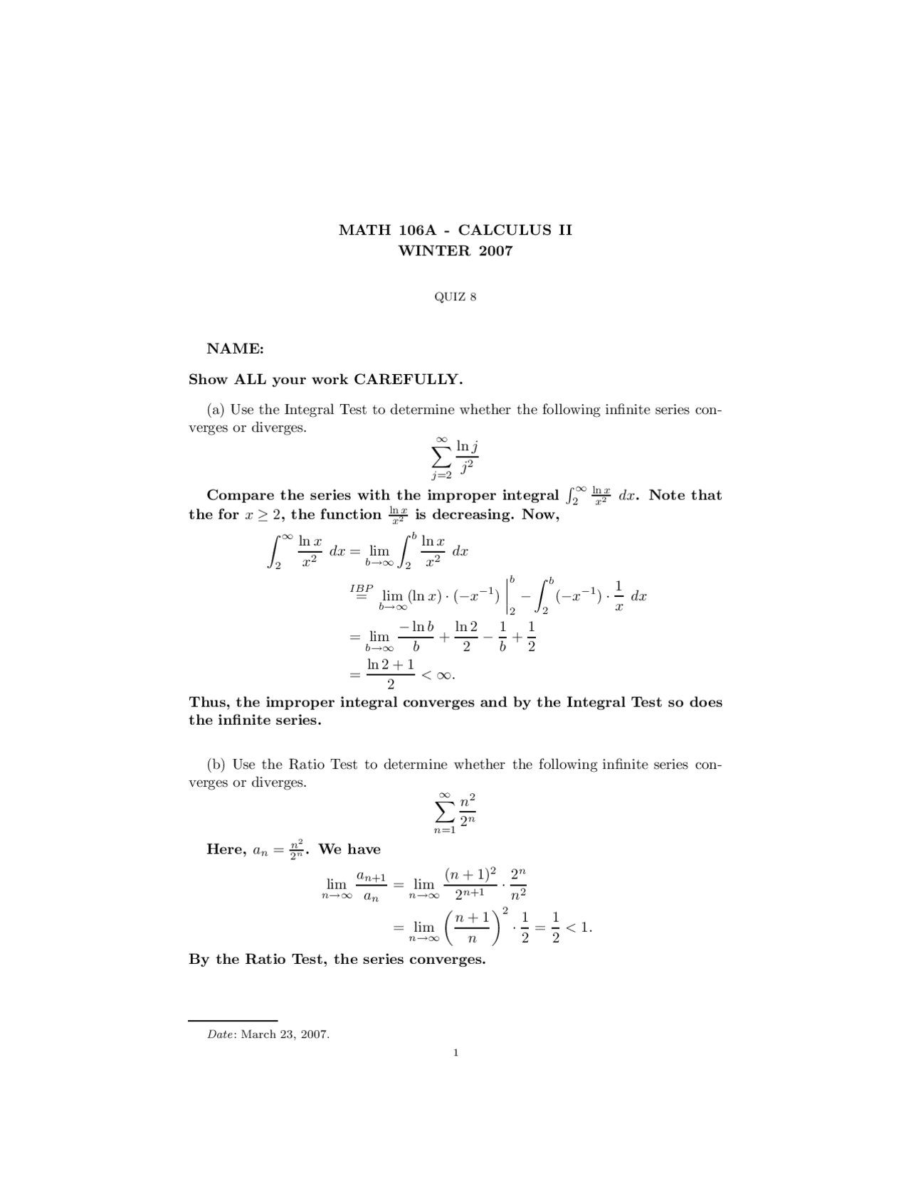 Integral Test Calculus Solved Quiz Docsity
