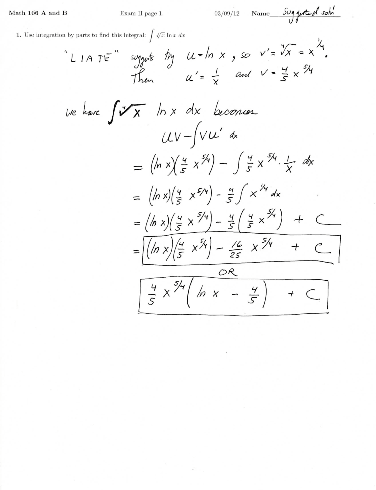 Integration By Parts Calculus Solved Exam Docsity
