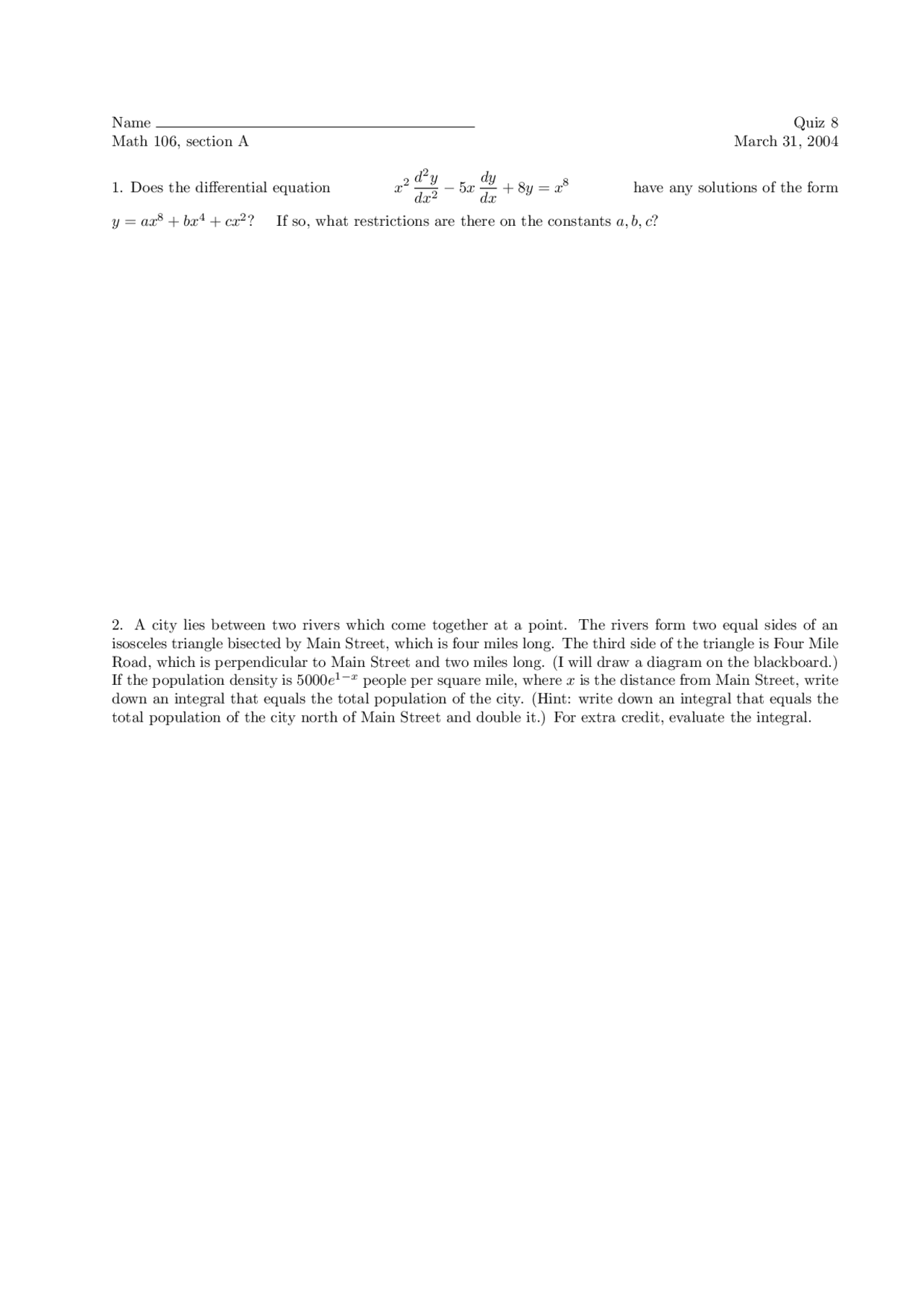 Restrictions Calculus Quiz Docsity