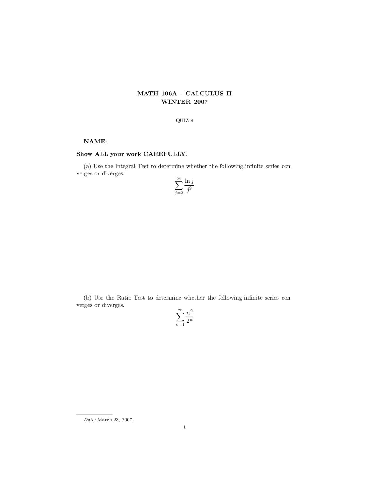 Integral Test Calculus Quiz Docsity