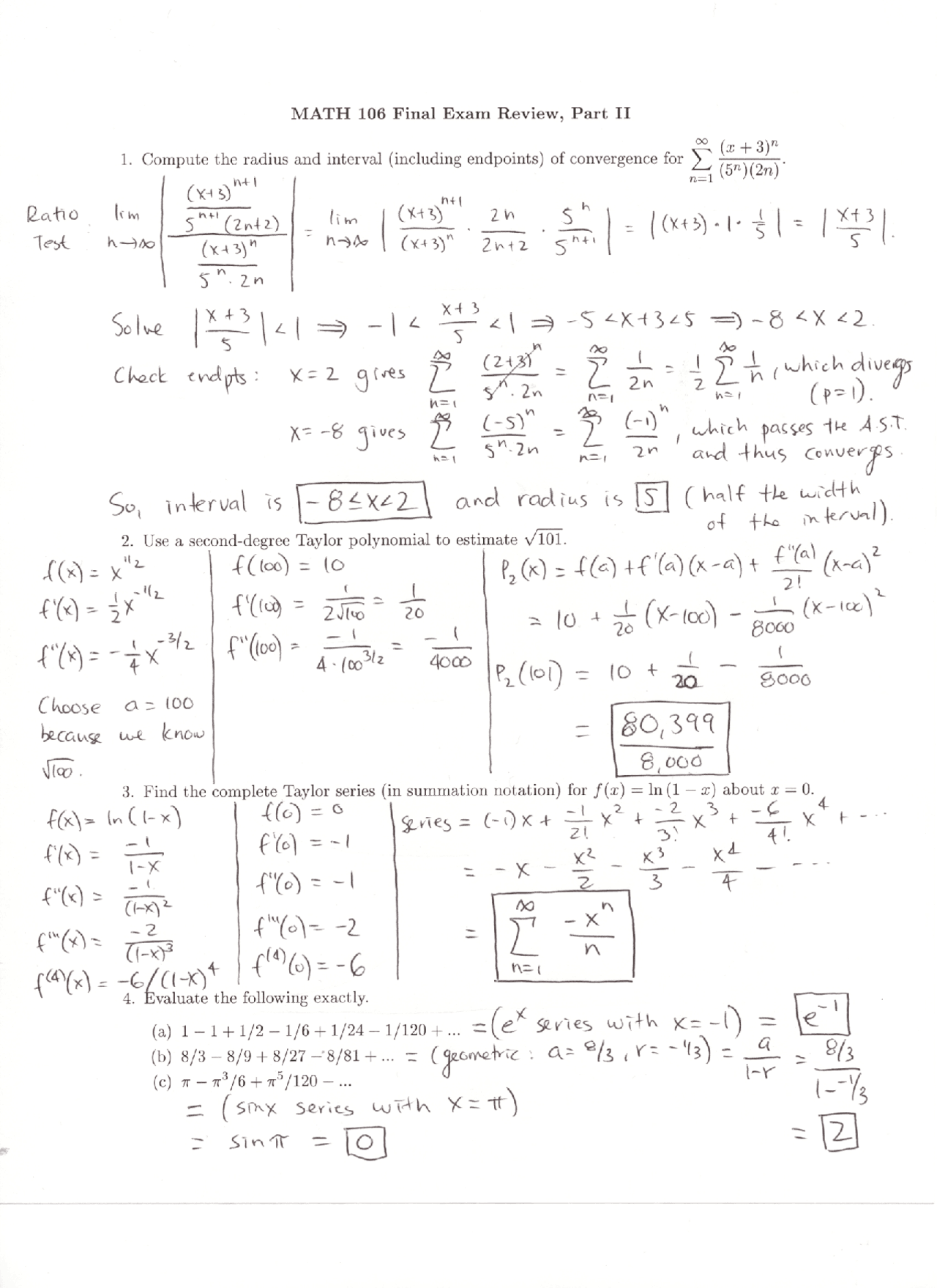 Radius and Interval - Calculus - Solved Exam - Docsity