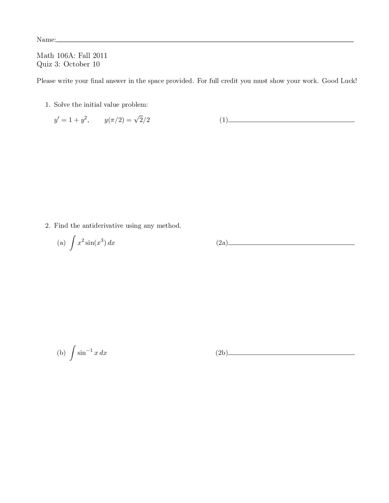 Initial Value Problem Calculus Quiz Docsity