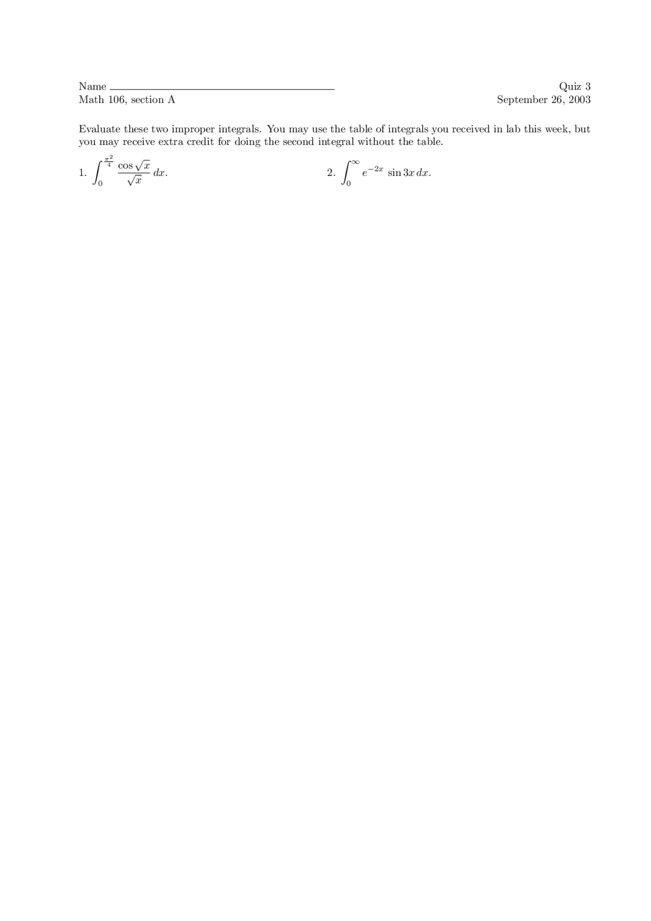 Second Integral Calculus Quiz Docsity