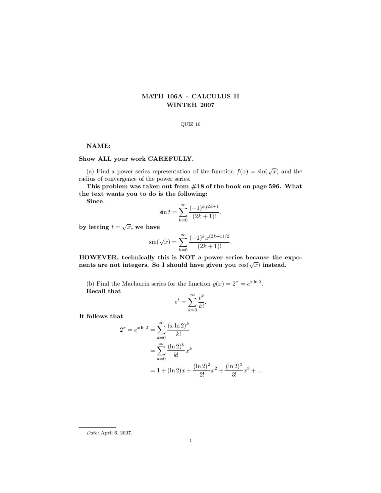 Power Series Calculus Solved Quiz Docsity