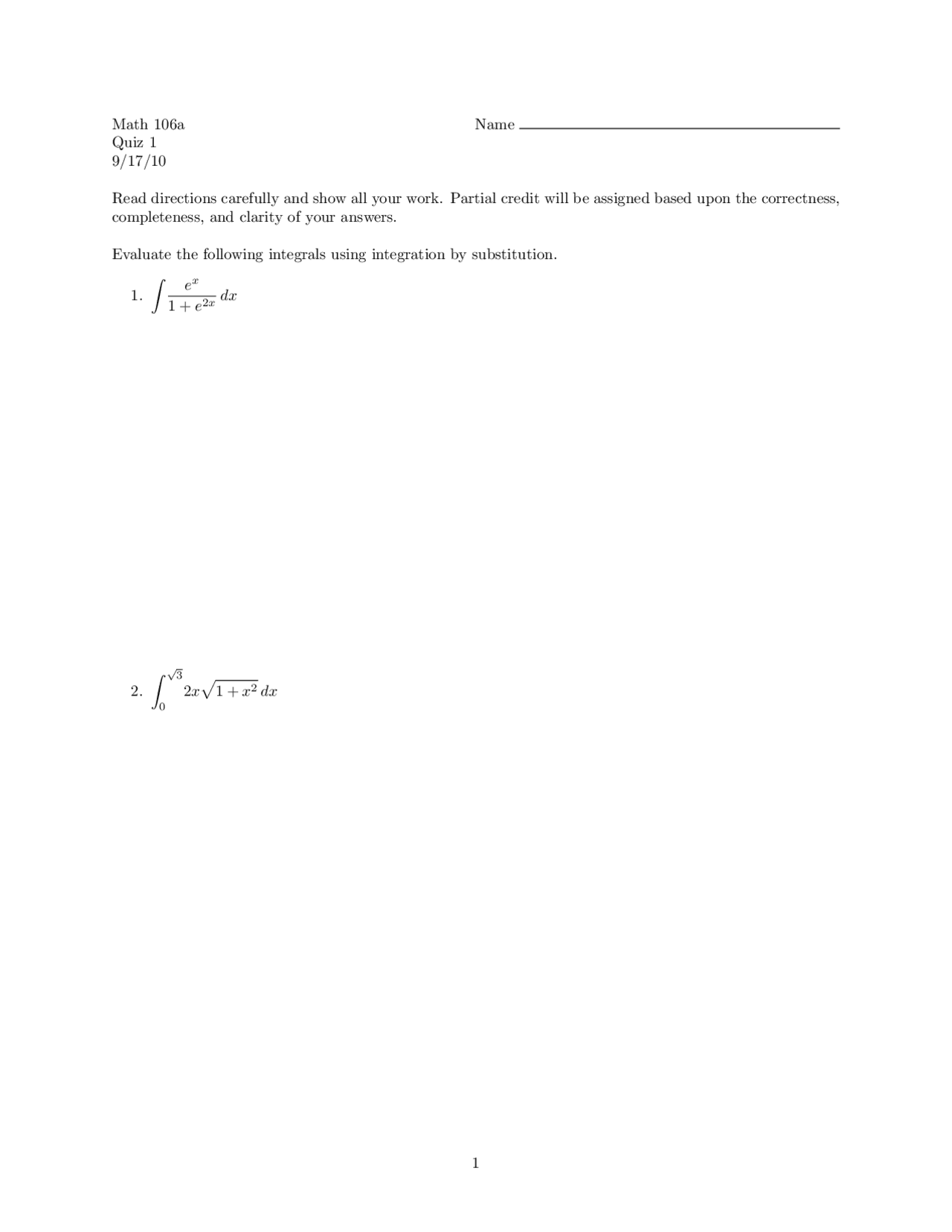 Integration - Calculus - Quiz - Docsity