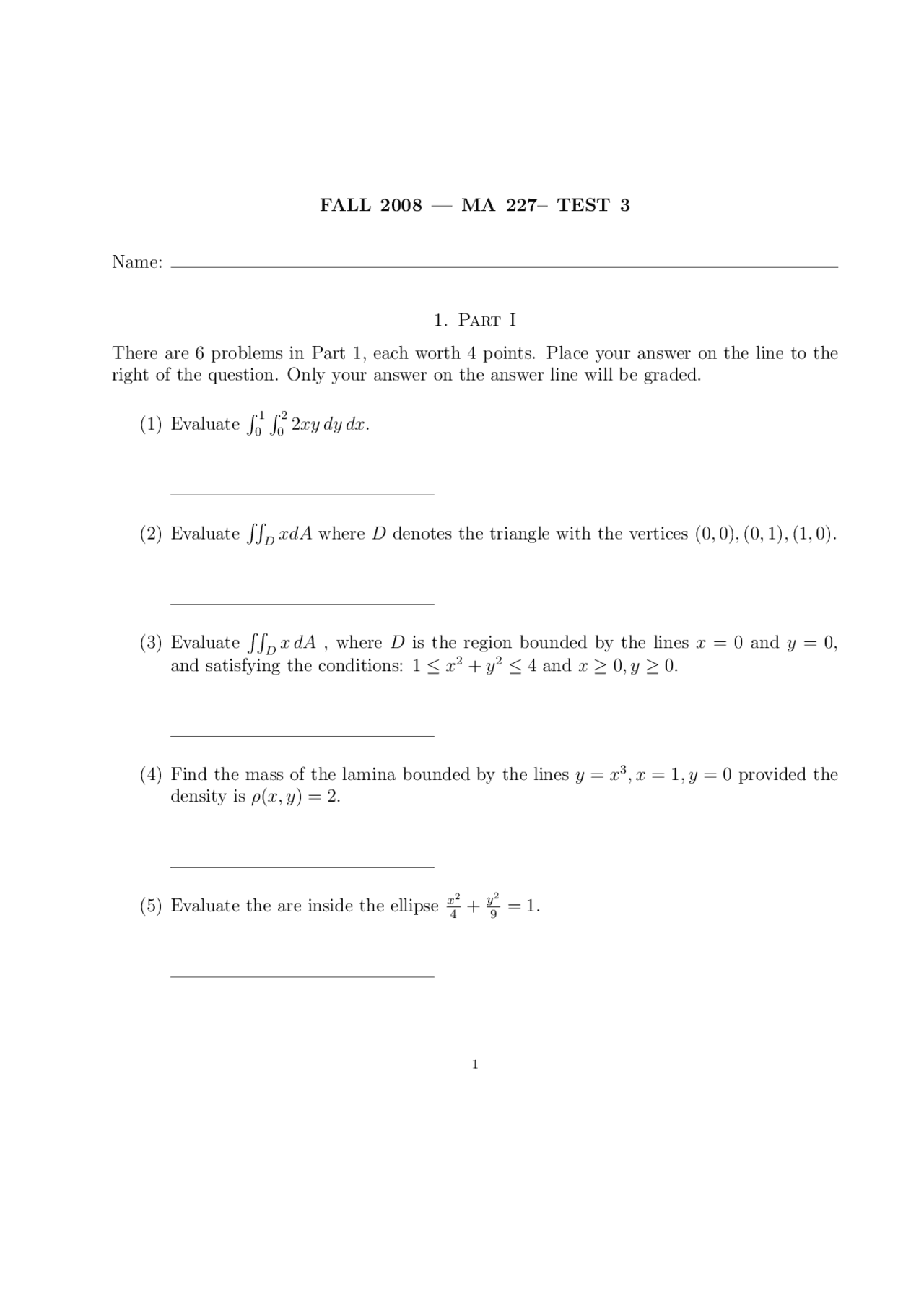 Mass Of Lamina Calculus Iii Exam Docsity