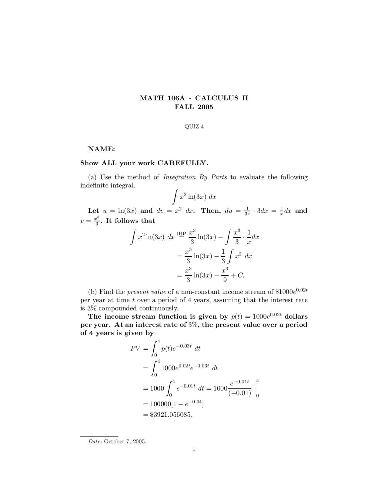 Parts Calculus Solved Quiz Docsity