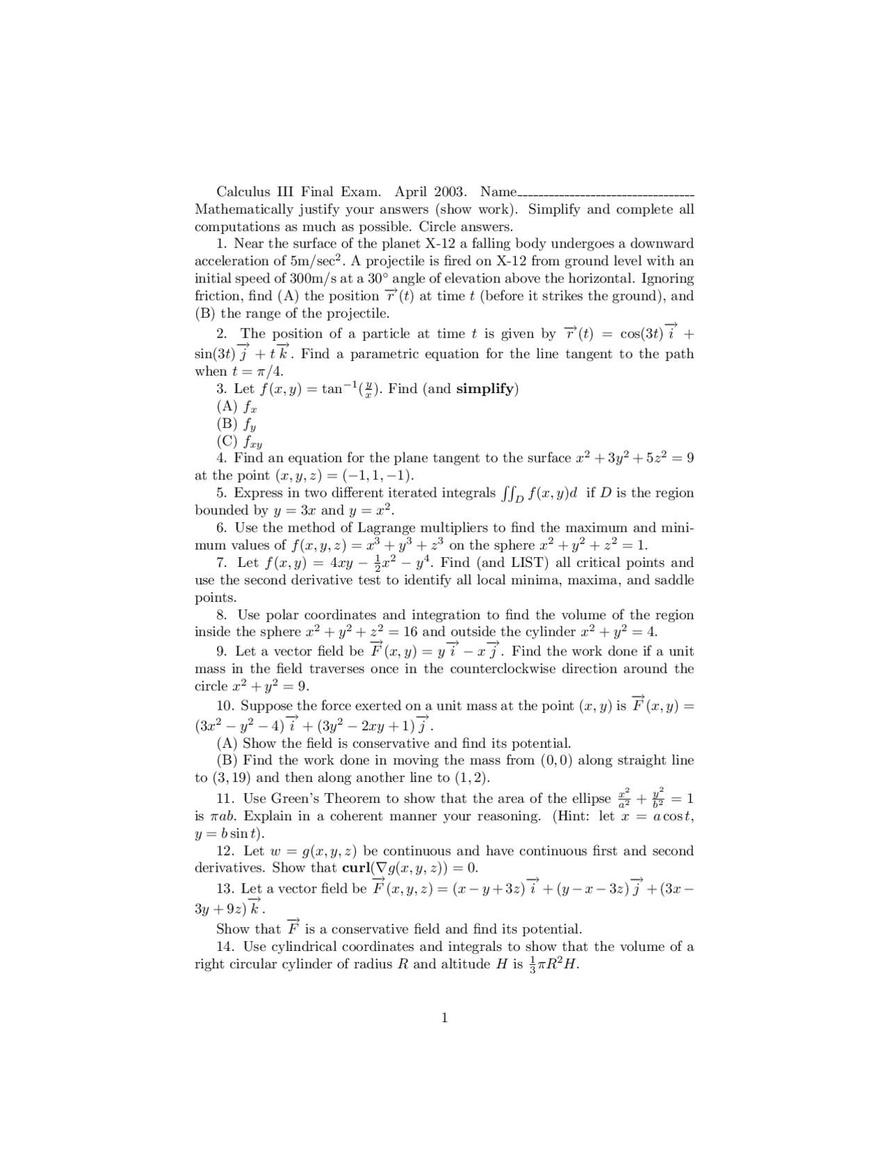 Parametric Equation Calculus Iii Exam Docsity