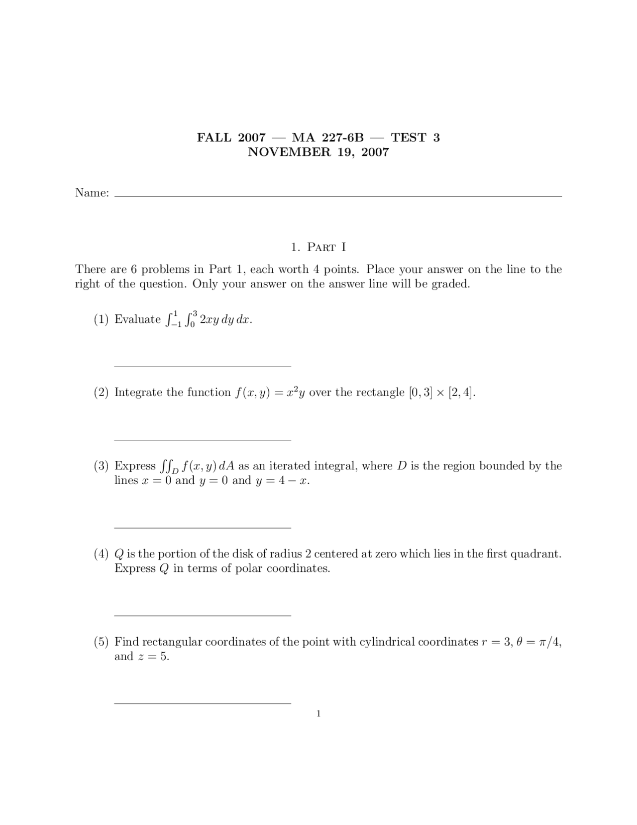 Rectangular Coordinates Calculus Iii Exam Docsity