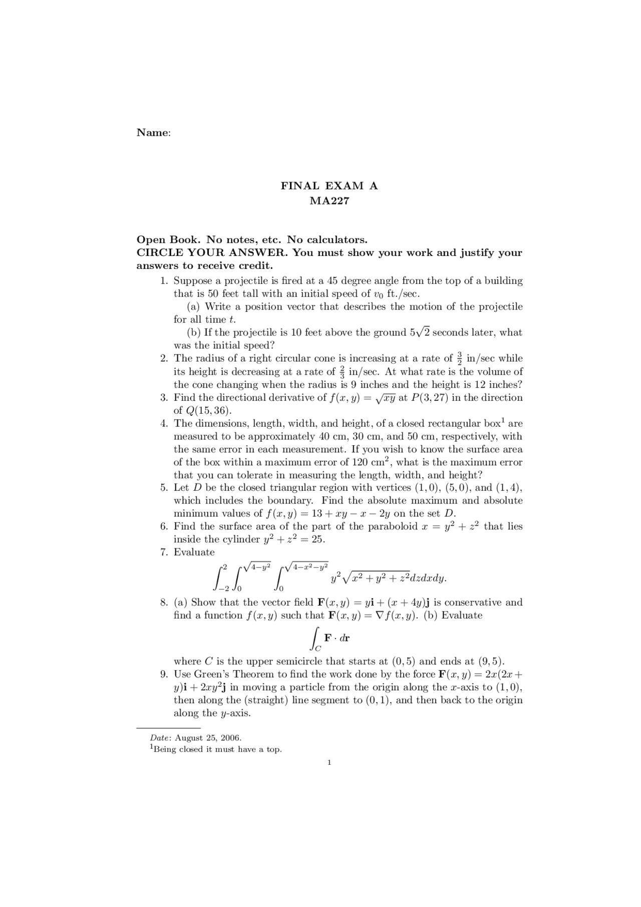 Initial Speed Calculus Iii Exam Docsity