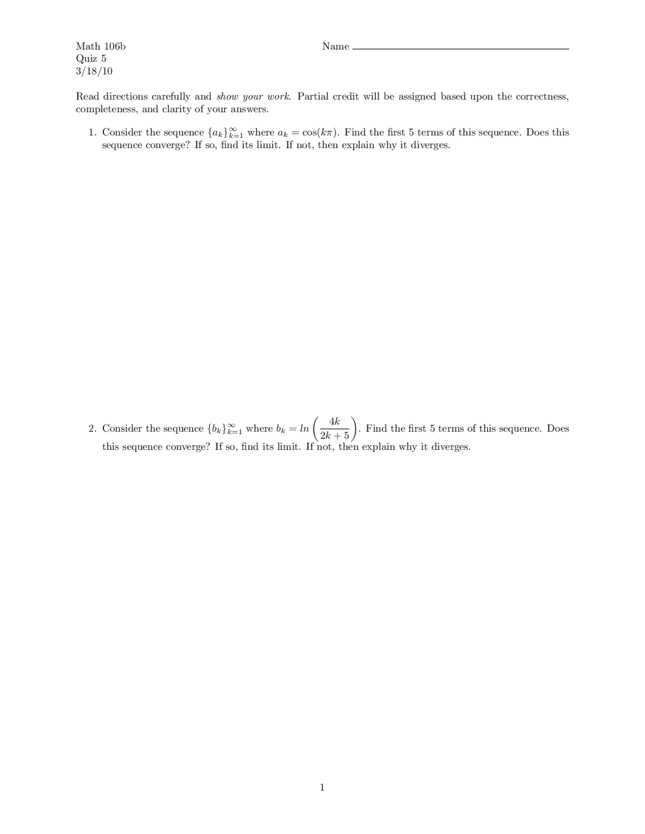 Sequence Converge Calculus Quiz Docsity