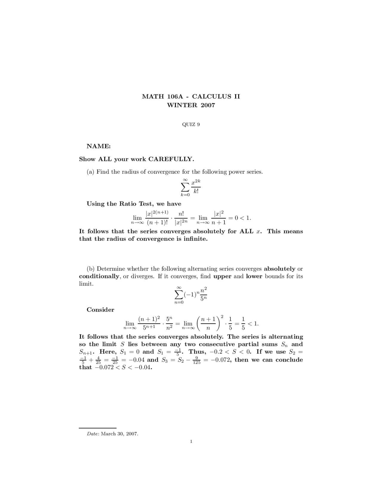 Radius - Calculus - Solved Quiz - Docsity