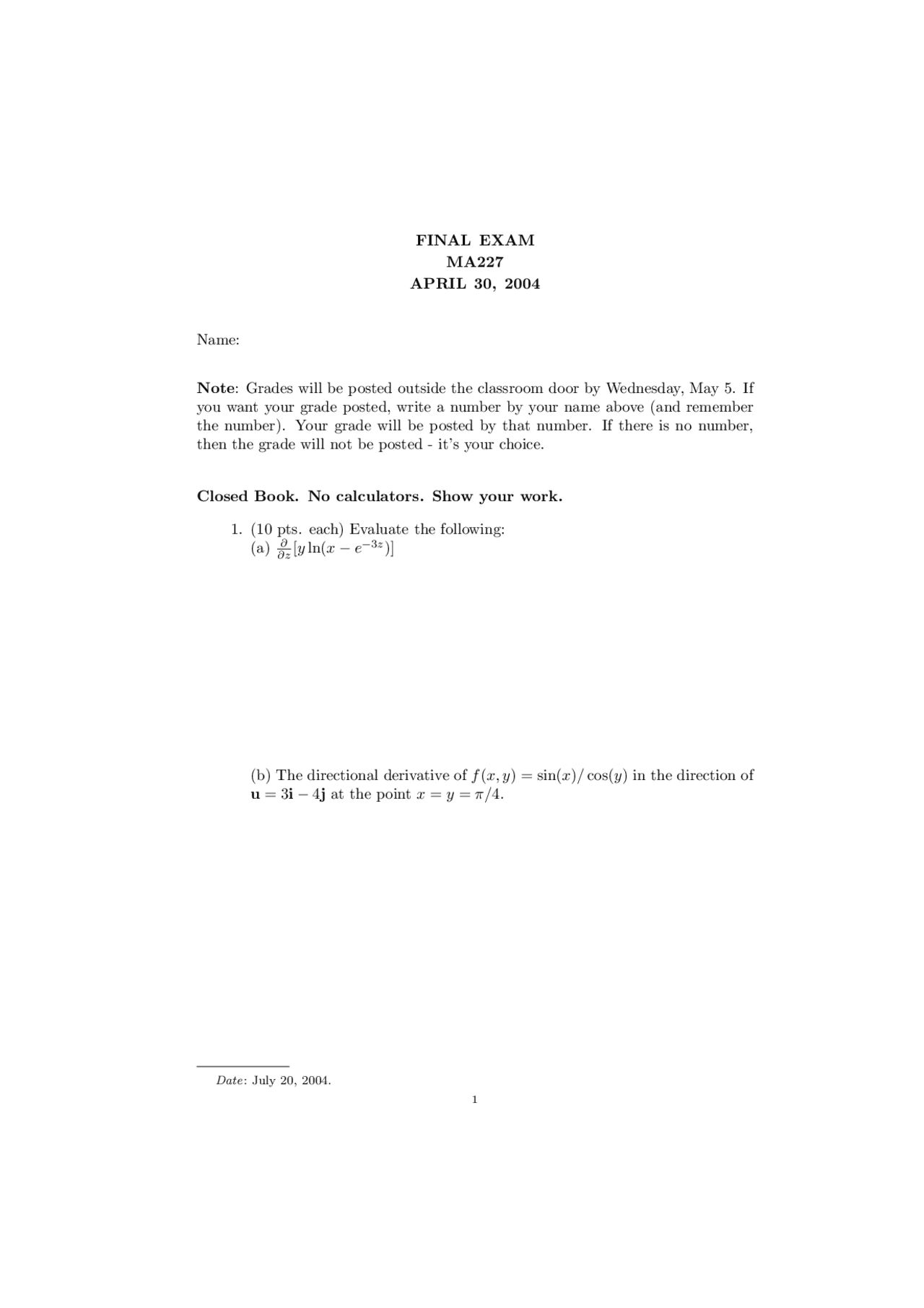 Directional Derivative - Calculus III - Exam - Docsity