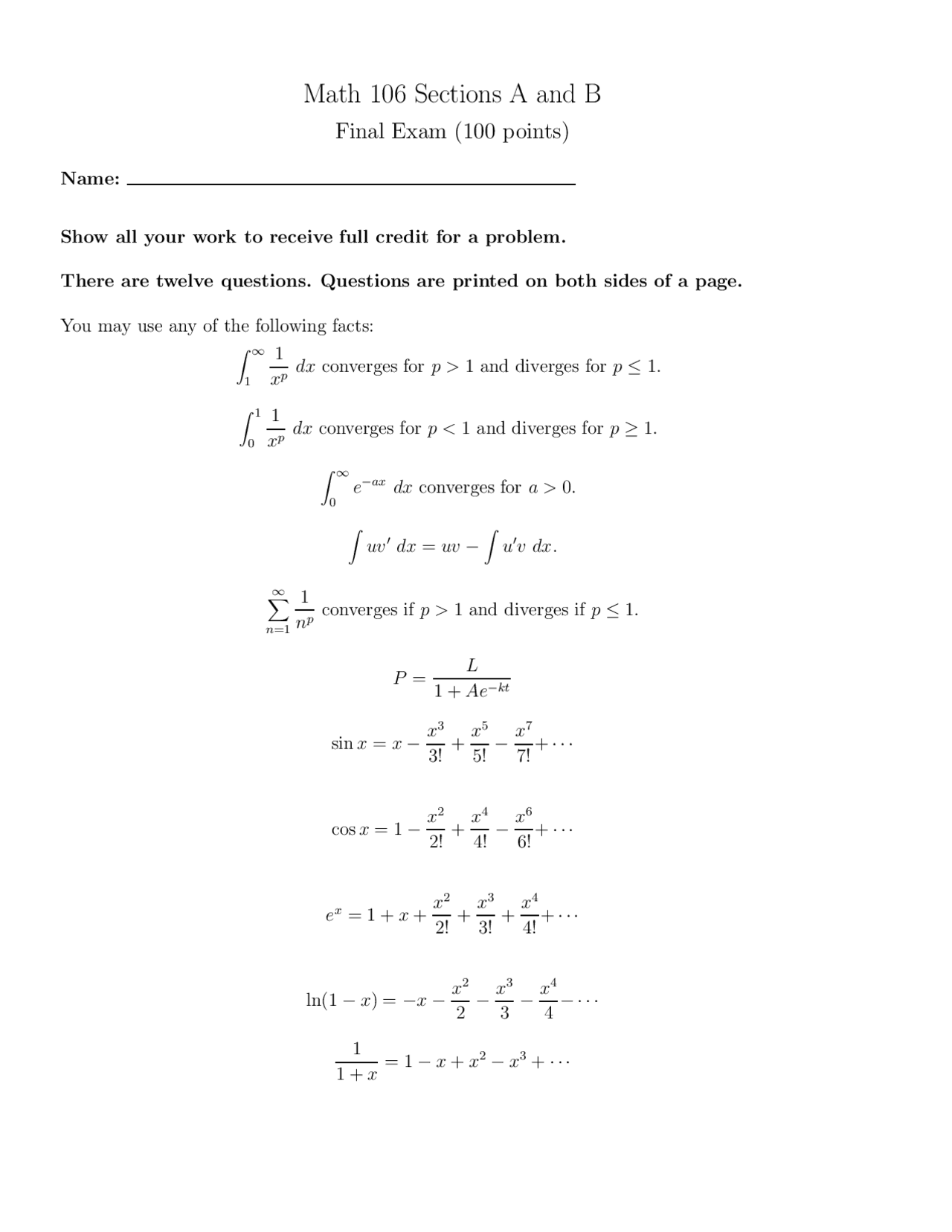 General Solution Calculus Exam Docsity