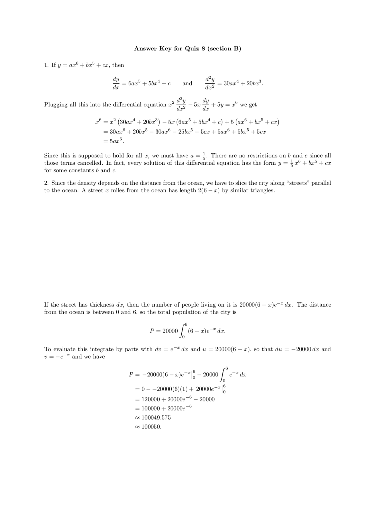 Constants Calculus Solved Quiz Docsity