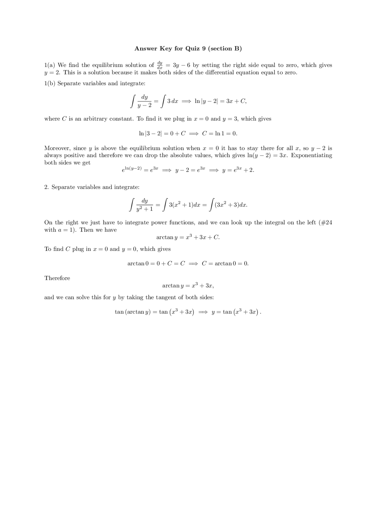 Differential Equation Calculus Solved Quiz Docsity
