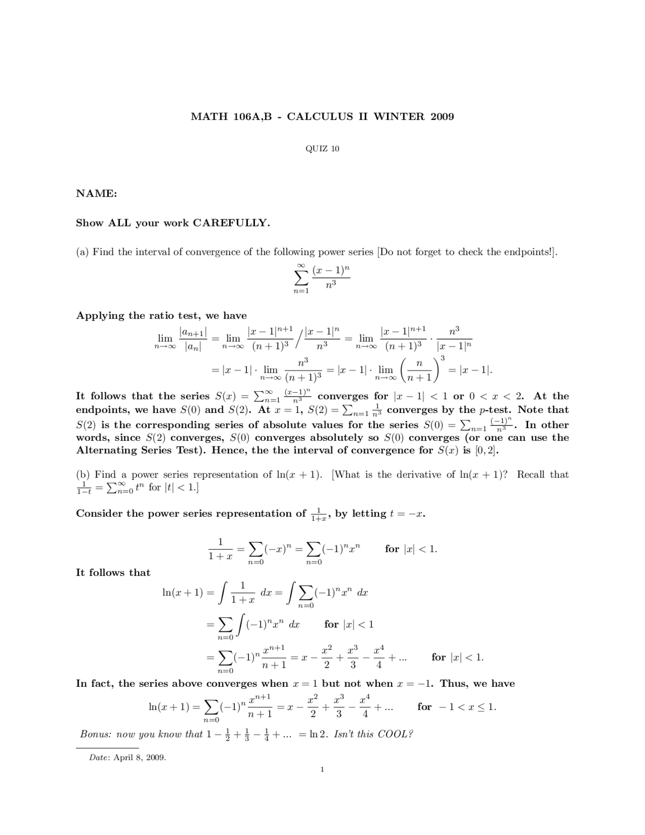 Endpoints Calculus Solved Quiz Docsity