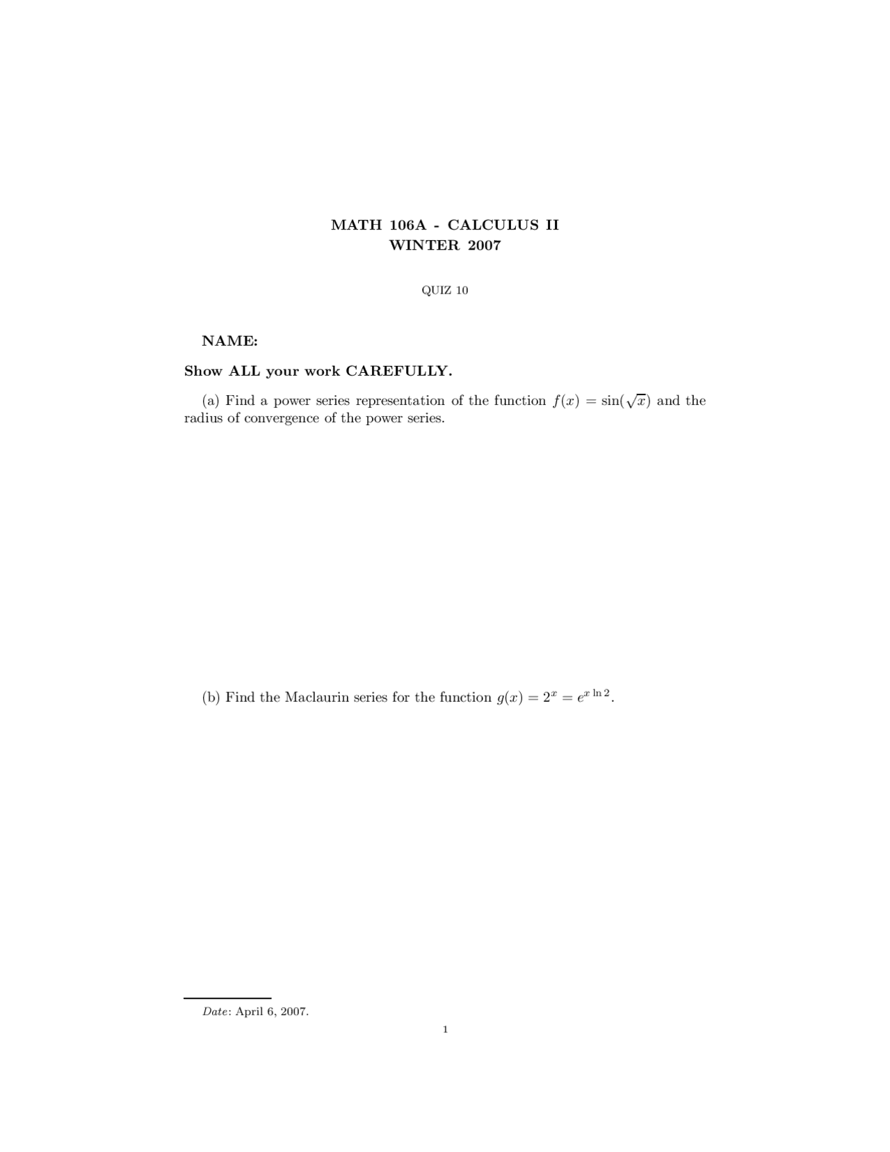 Power Series Calculus Quiz Docsity