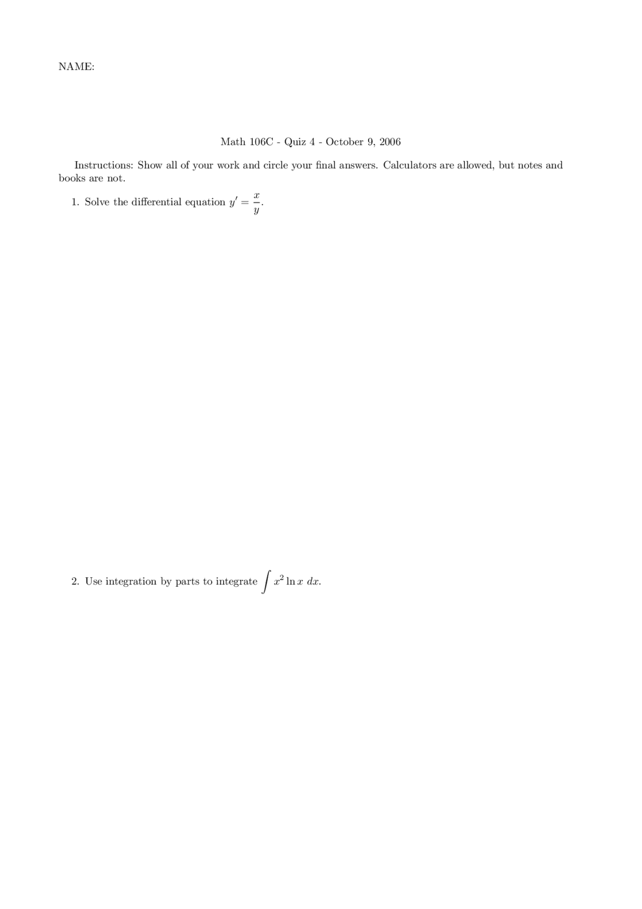 Integrate Calculus Quiz Docsity