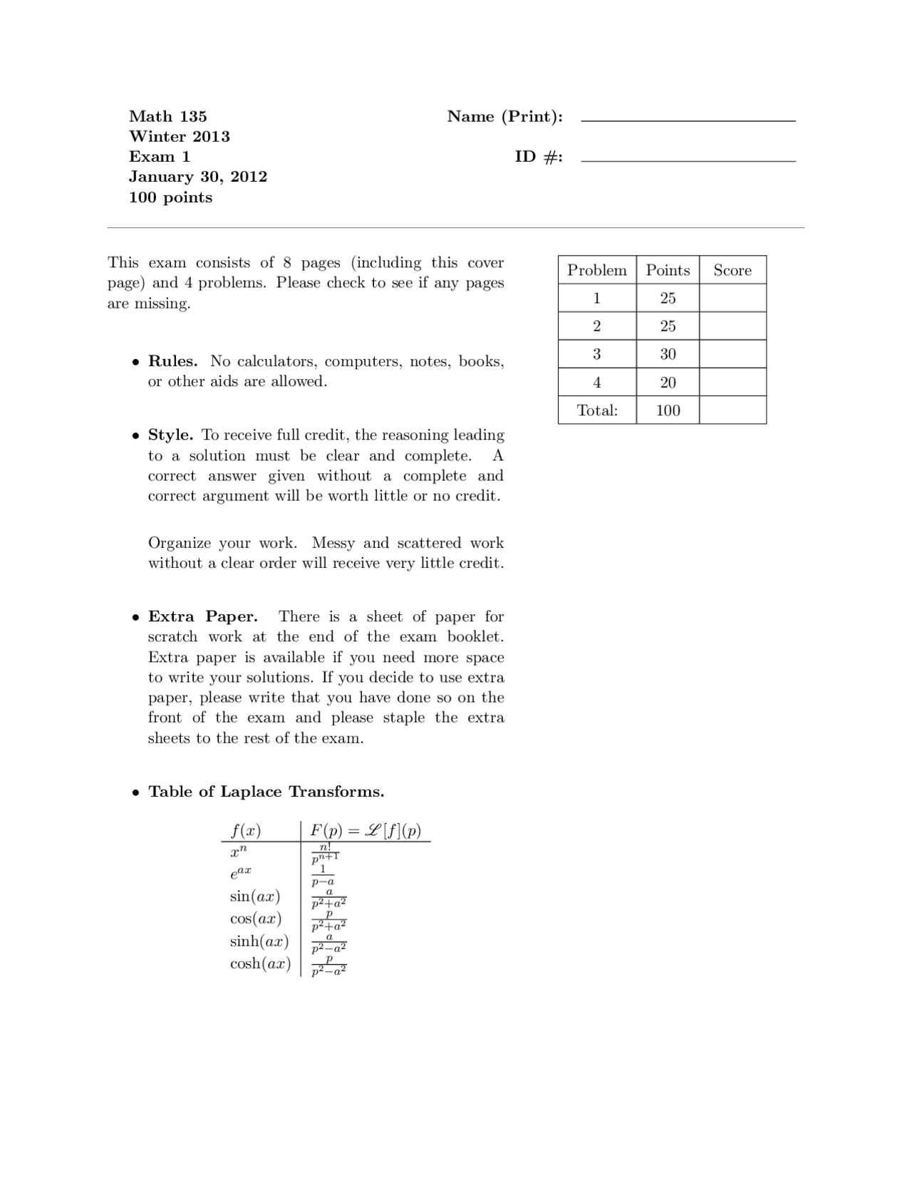 Exam 1 With Solutions Ordinary Differential Equation Math 0135