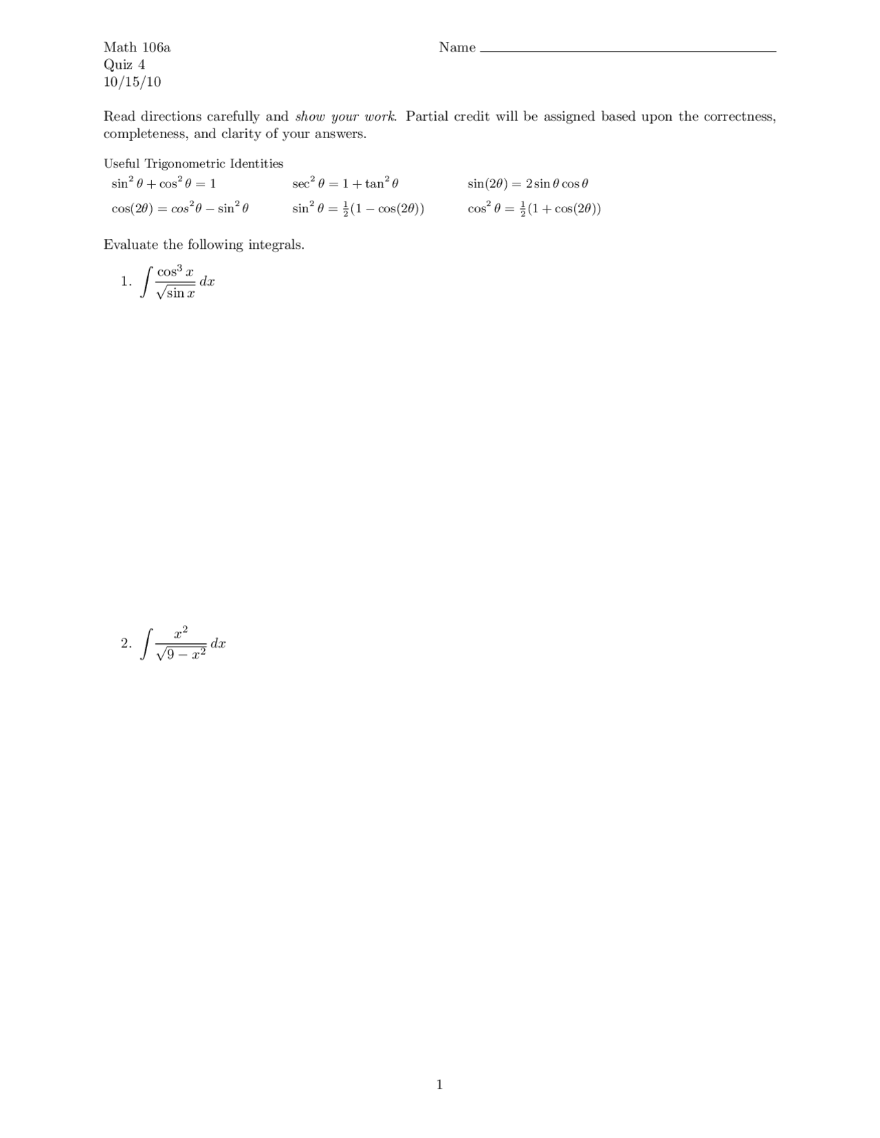 Trigonometric Identities Calculus Quiz Docsity