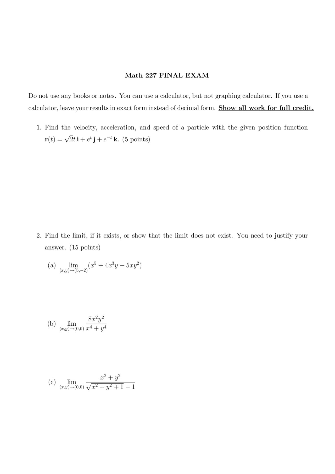 Velocity Acceleration Calculus Iii Exam Docsity