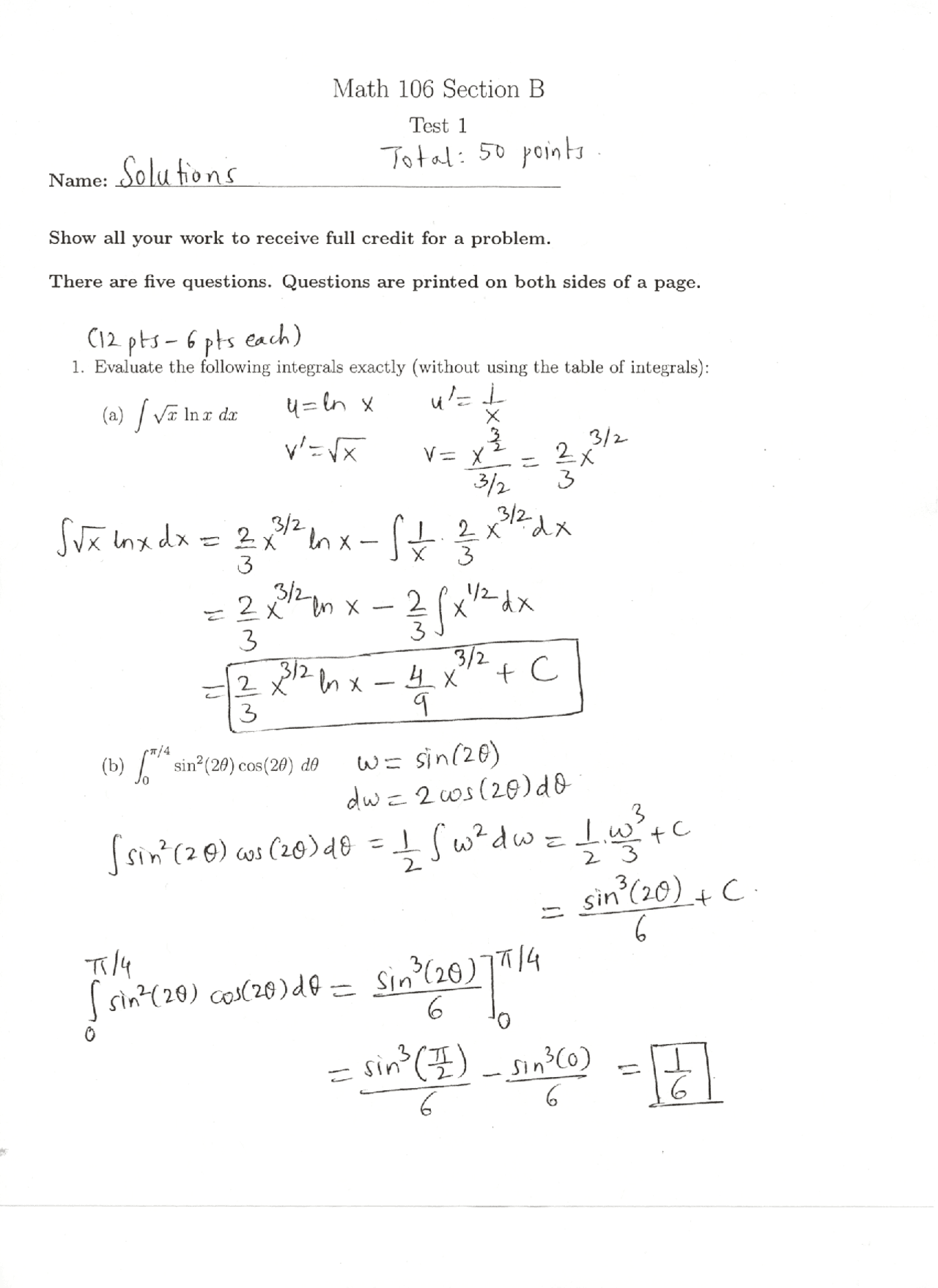 Improper Integral Calculus Solved Exam Docsity