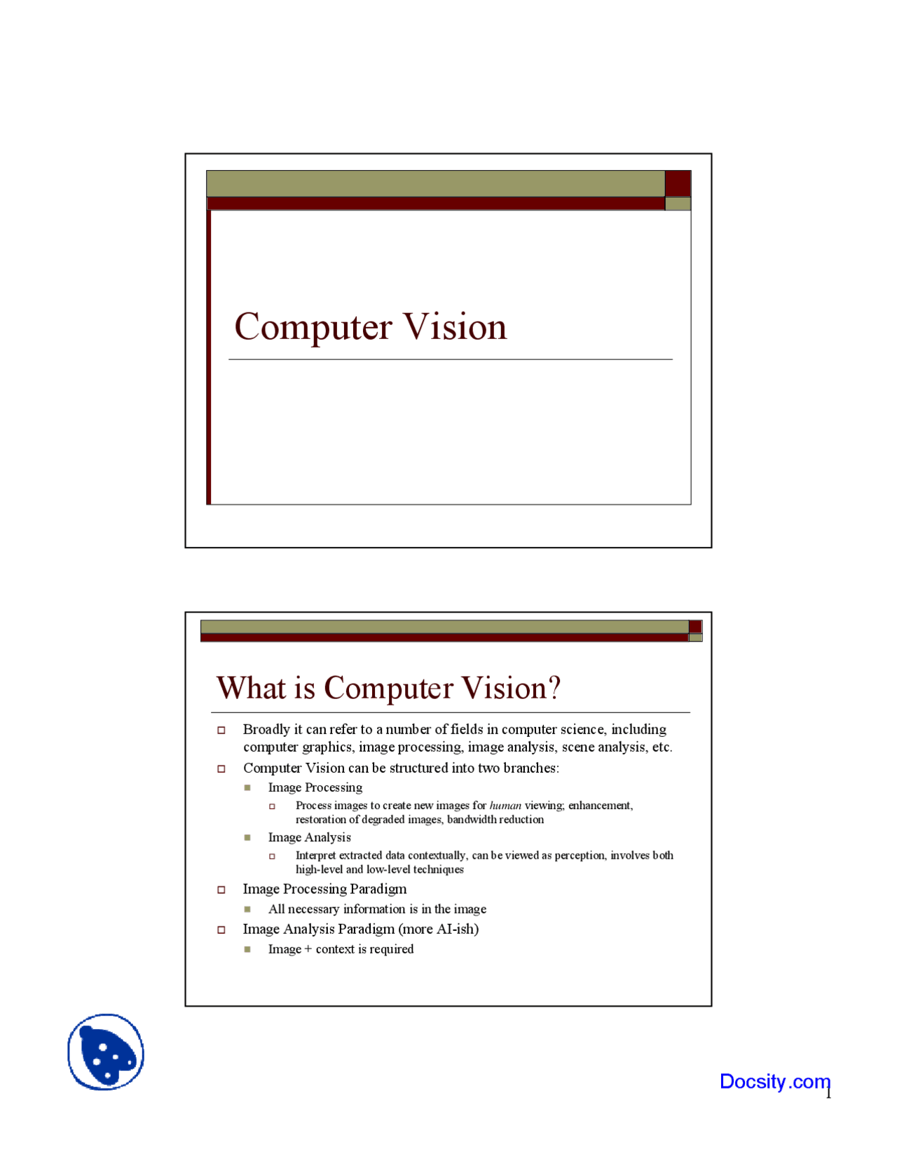 Computer Vision Embedded Intelligent Robotics Lecture Slides Docsity