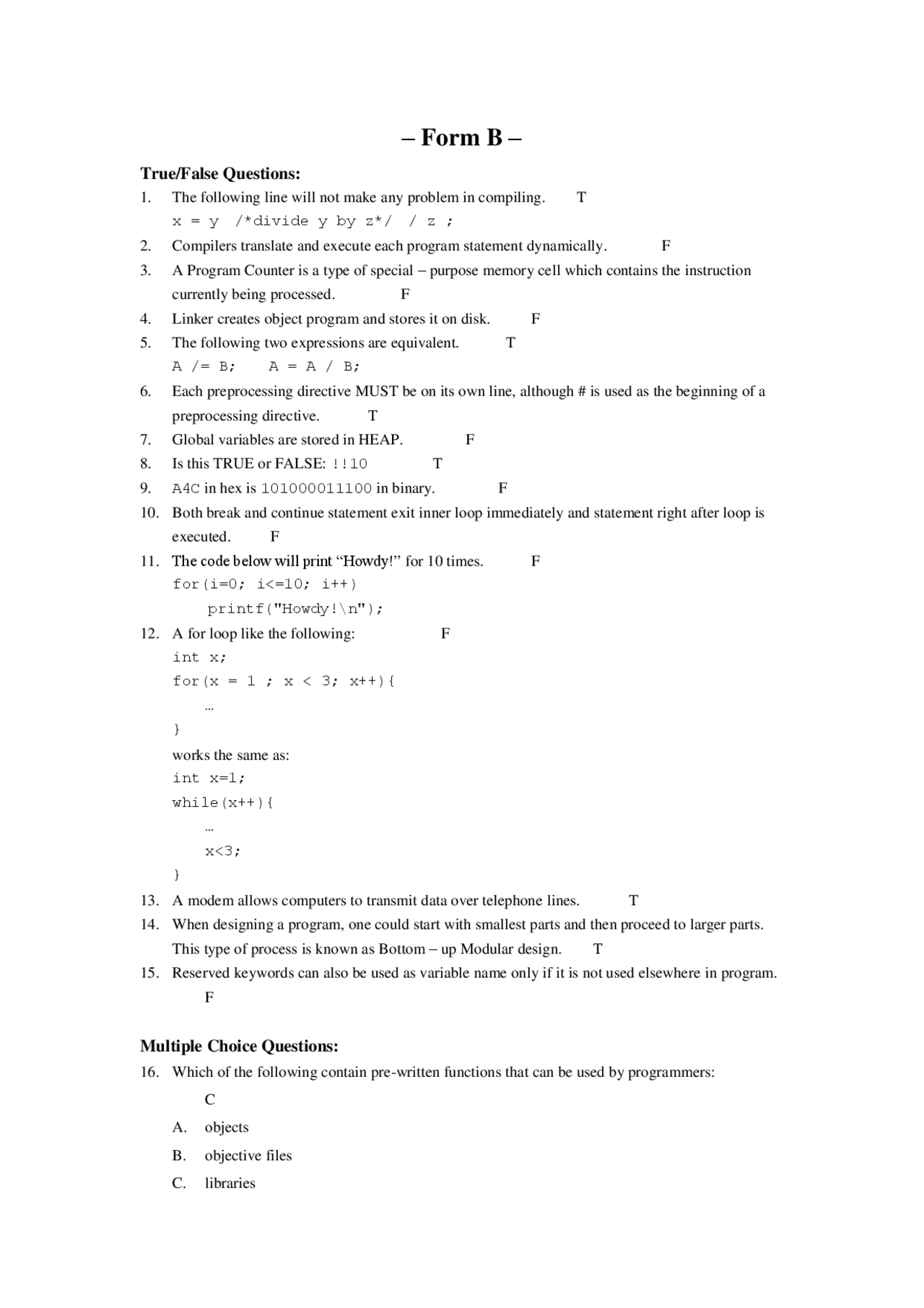 Exam I Mcqs Unsolved Structured In C Programming Csce 206 Docsity