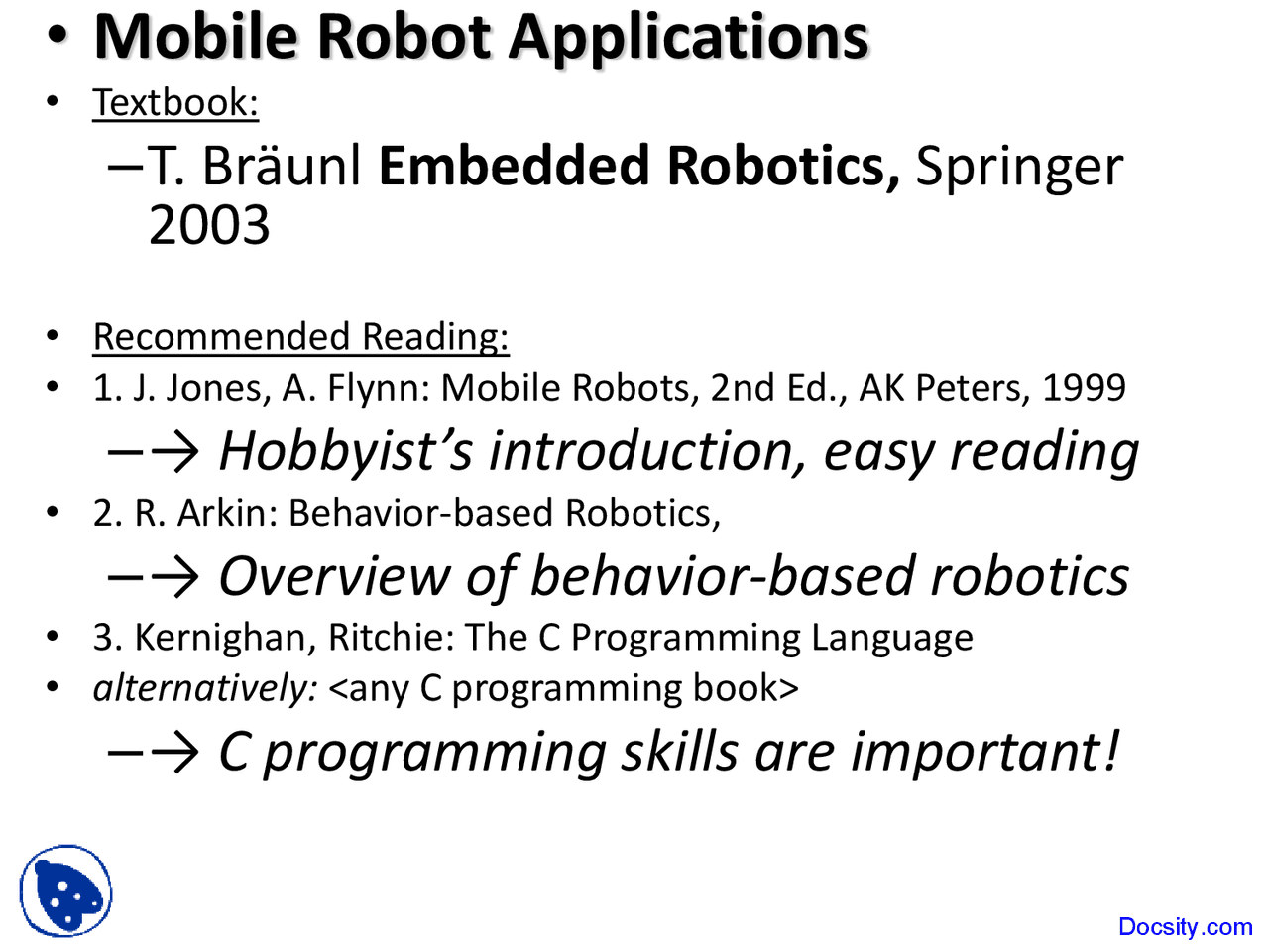 Mobile Robot Applications Embedded Intelligent Robotics Lecture Slides Docsity