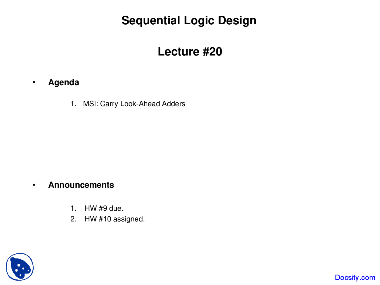 Carry Look Ahead Adders - Sequential Logic Design - Lecture Slides - Docsity