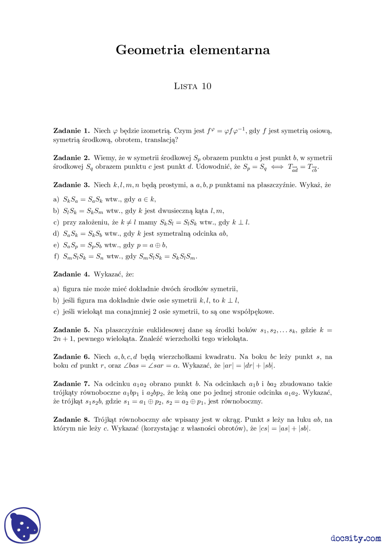 Izometria - Ćwiczenia - Geometria elementarna - Docsity