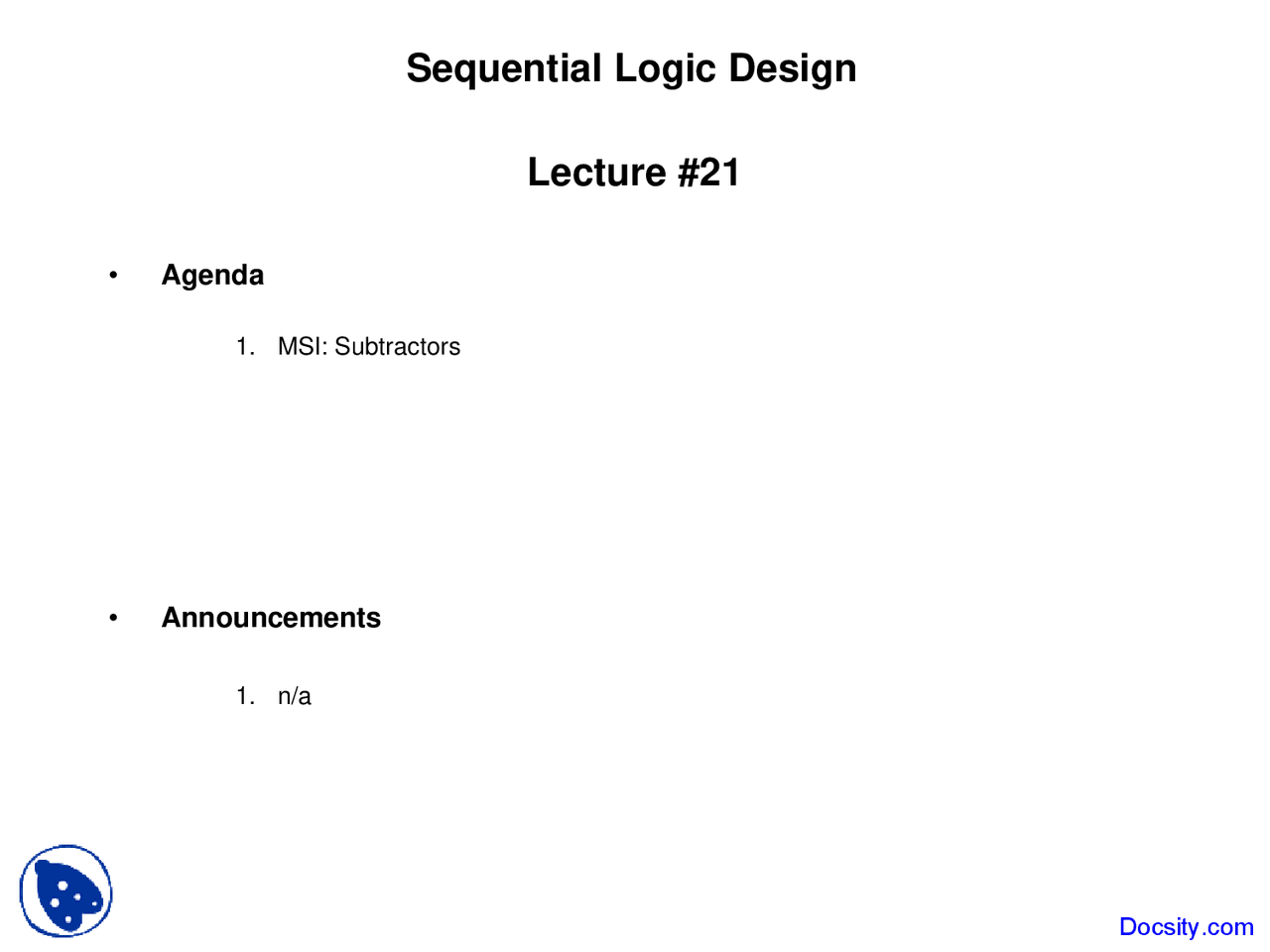 Subtractors - Sequential Logic Design - Lecture Slides - Docsity