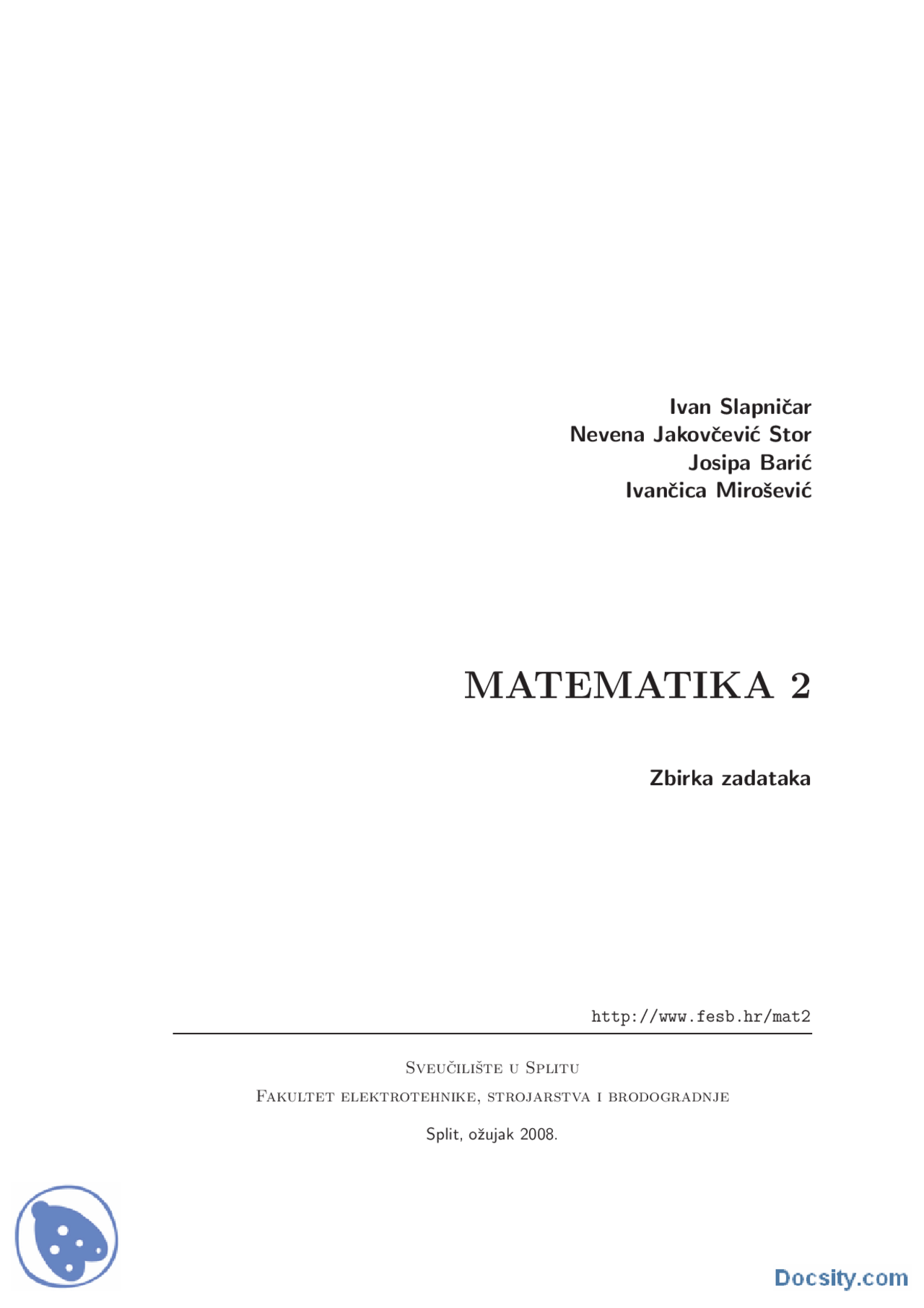 Zbirka zadataka-Matematika 2-Masinski fakultet | Vežbe' predlog Matematika - Docsity