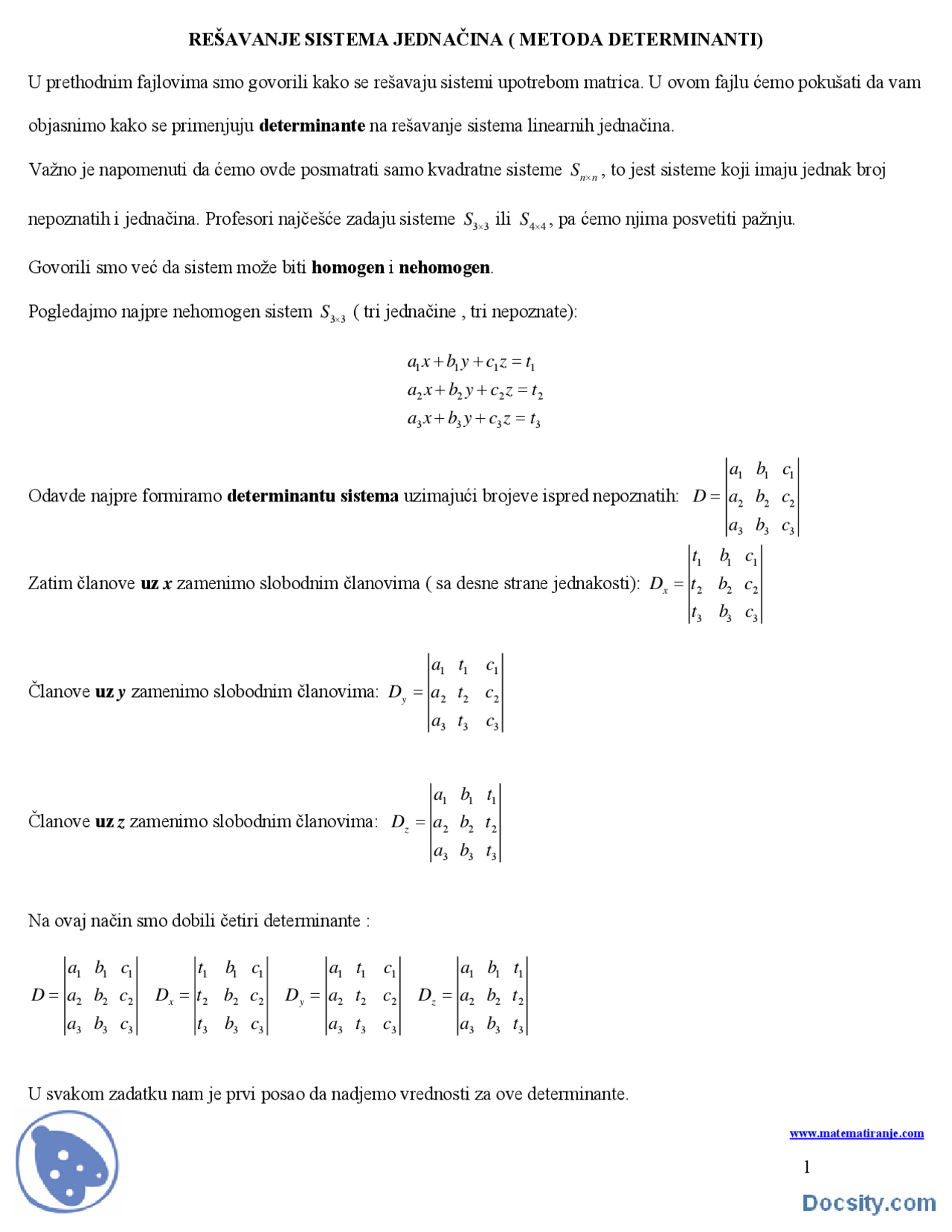 Rjesavanje sistema jednacina metoda DETERMINANTI-skripta-Masinski fakultet | Rezime' predlog ...