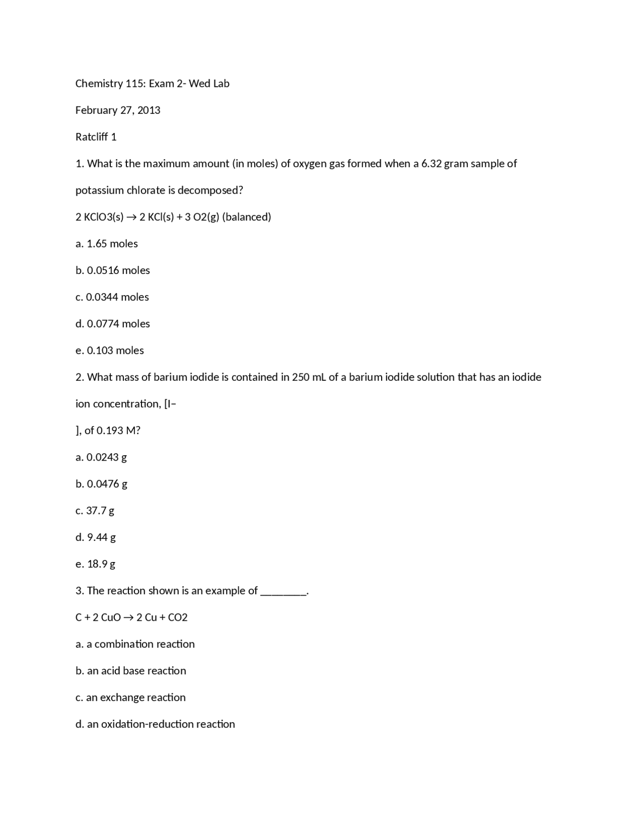Exam 2 for Fundamentals of Chemistry | CHEM 115 - Docsity