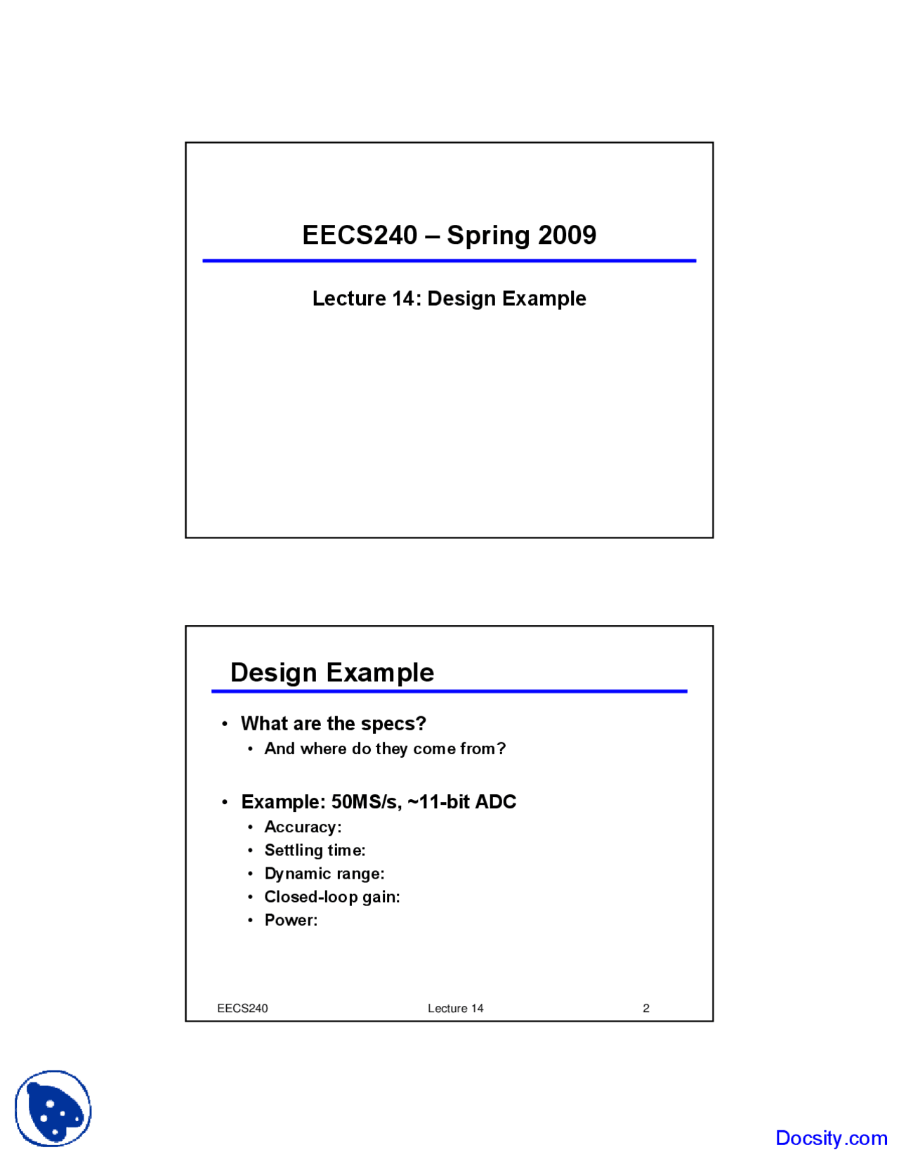 Design Example Advanced Analog Integrated Circuits Lecture Slides