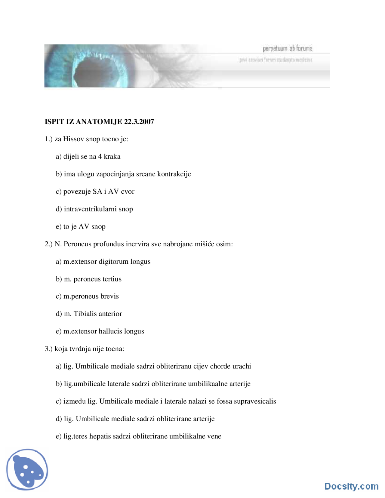 Ispitna pitanja-Ispit-Anatomija-Medicina (1) | Ispiti' predlog Anatomija čoveka - Docsity