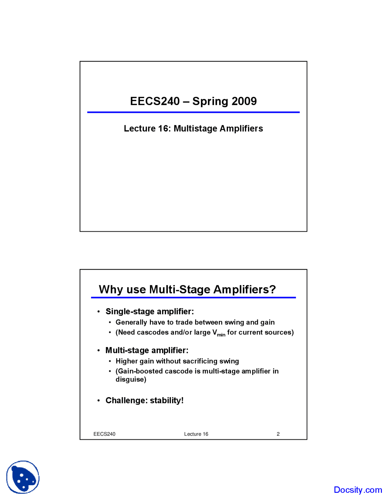 Multistage Amplifiers Advanced Analog Integrated Circuits Lecture