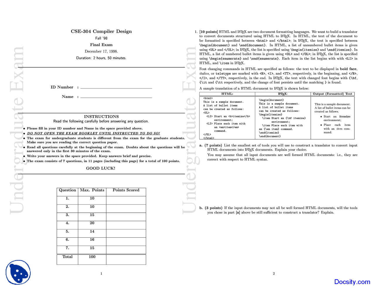 Document Formatting Languages Advanced Compiler Design Exam Exams Computer Science Docsity